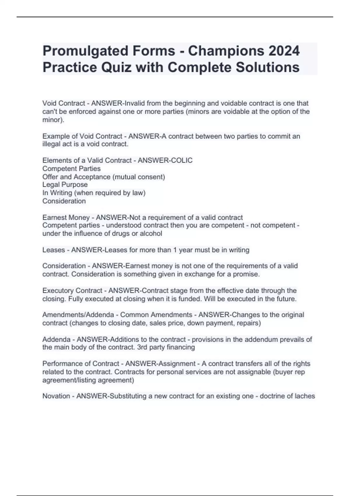 Promulgated Forms - Champions 2024 Practice Quiz with Complete ...