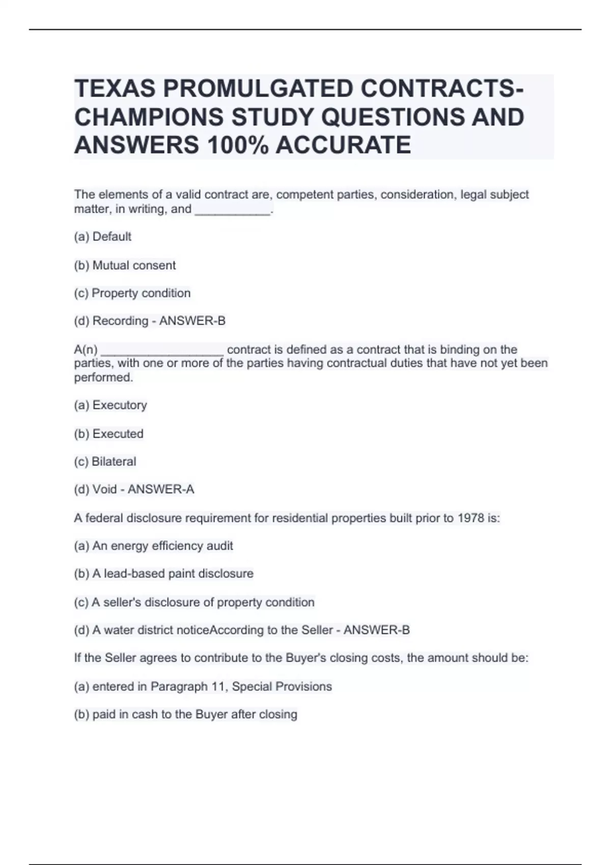 TEXAS PROMULGATED CONTRACTS-CHAMPIONS STUDY QUESTIONS AND ANSWERS 100% ...