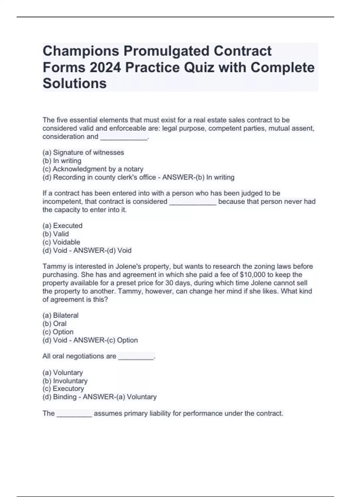 Champions Promulgated Contract Forms 2024 Practice Quiz with Complete ...