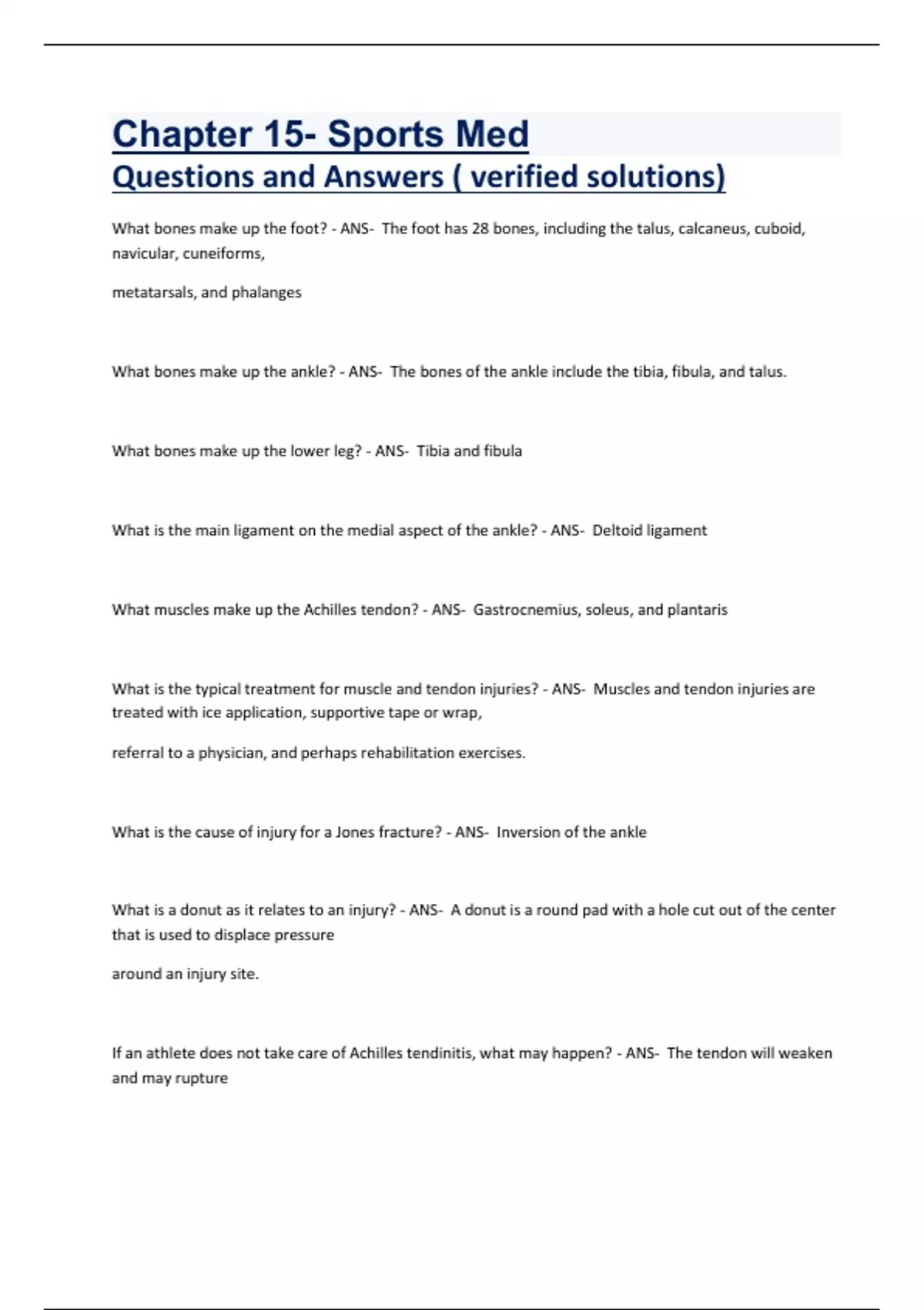 Chapter 15- Sports Med Questions and Answers ( verified solutions ...