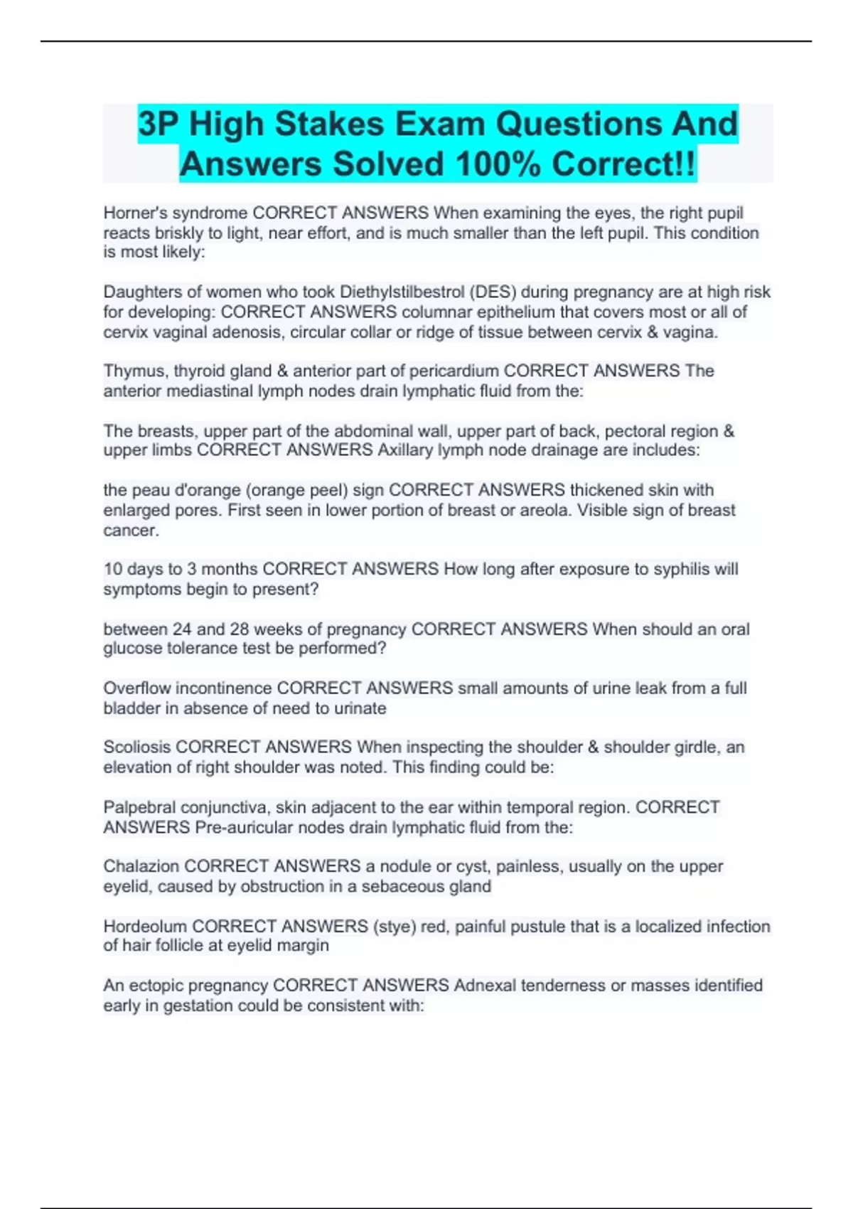 3P High Stakes Exam Questions And Answers Solved 100% Correct!! - 3P ...