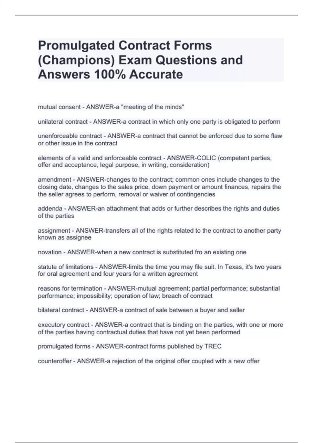 Promulgated Contract Forms (Champions) Exam Questions and Answers 100% ...