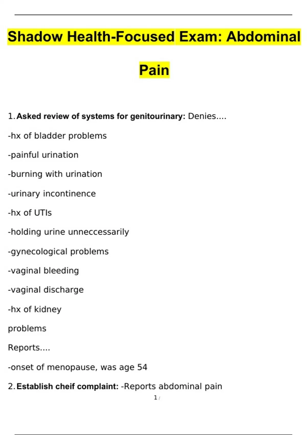 Shadow Health-Focused Exam Abdominal Pain Questions with Correct ...