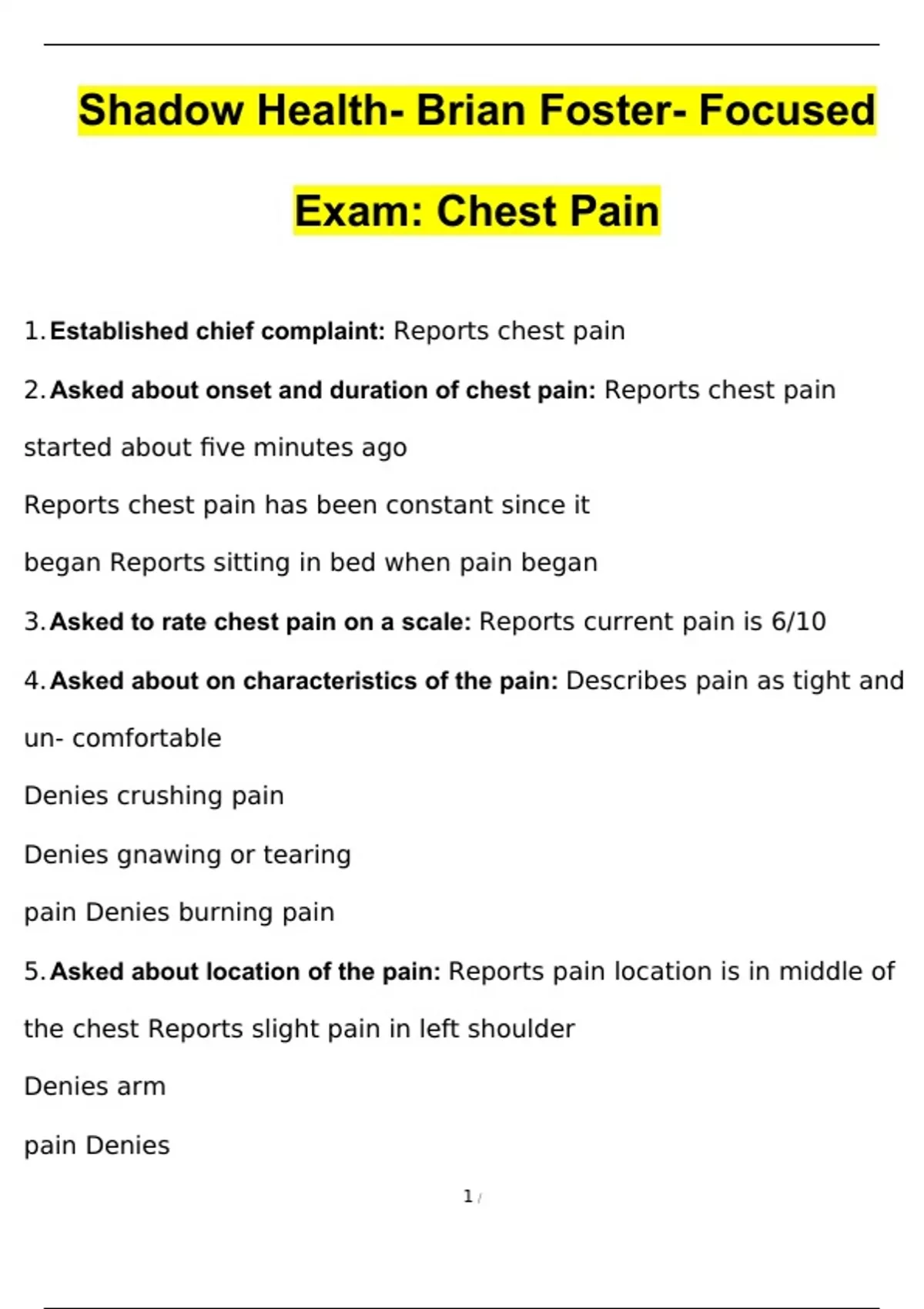 Shadow Health- Brian Foster- Focused Exam Chest Pain.docx - Shadow ...