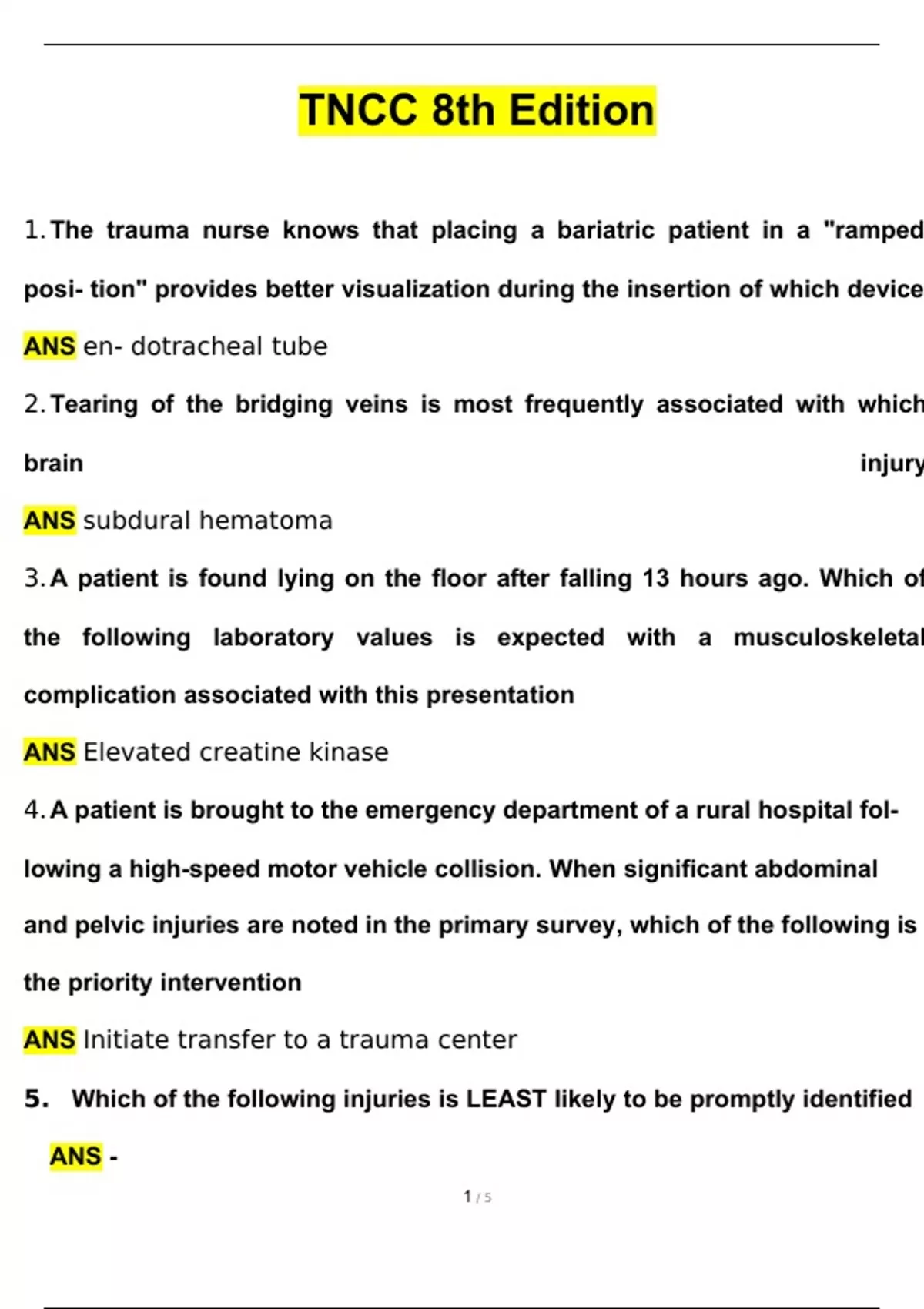 TNCC 8th Edition Updated 2024 Questions & Answers | with 100% Correct ...