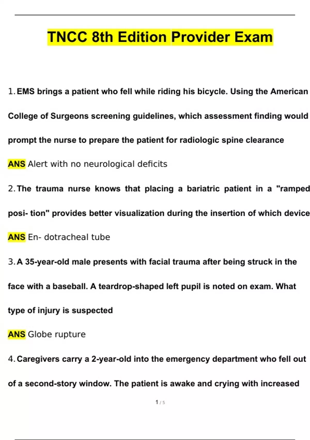 UPDATED TNCC 8th Edition Provider Exam Questions & Answers | with 100% ...