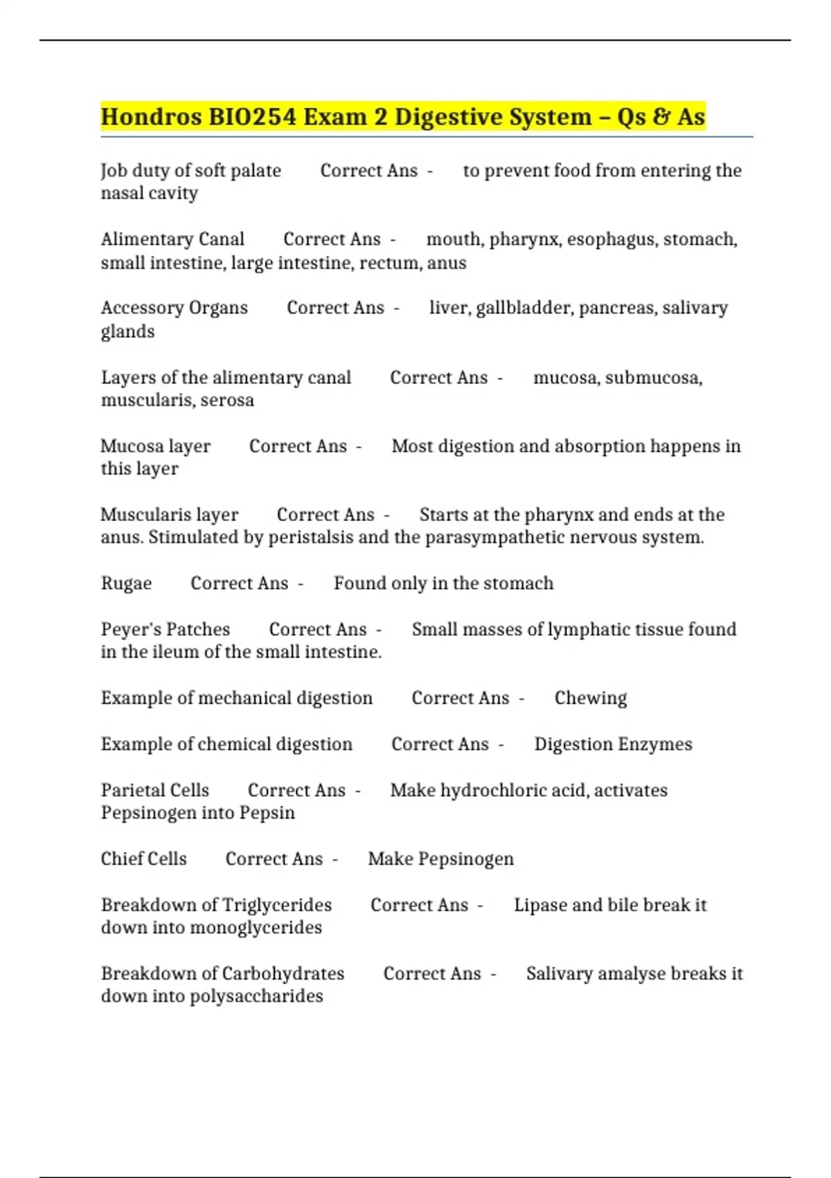 Hondros BIO254 Exam 2 Digestive System – Qs & As - Hondros BIO254 ...