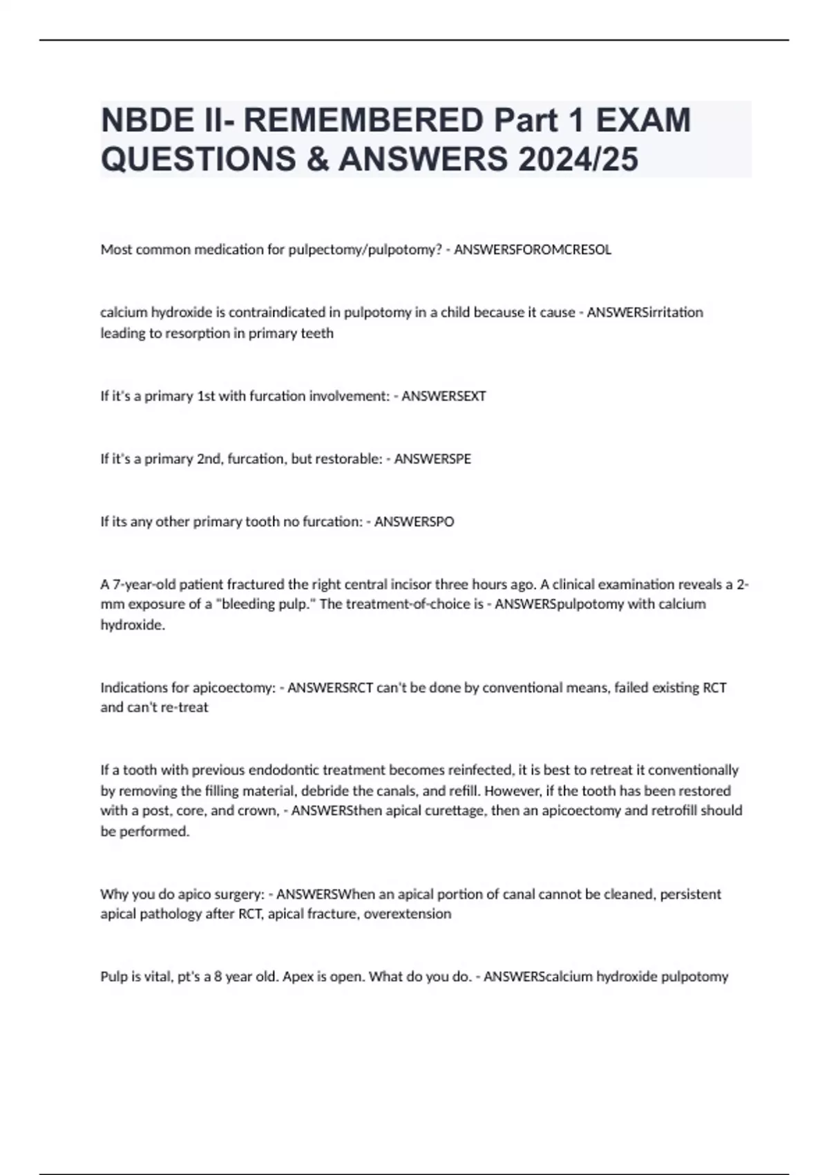 NBDE II- REMEMBERED Part 1 EXAM QUESTIONS & ANSWERS 2024/25 - NBDE II ...