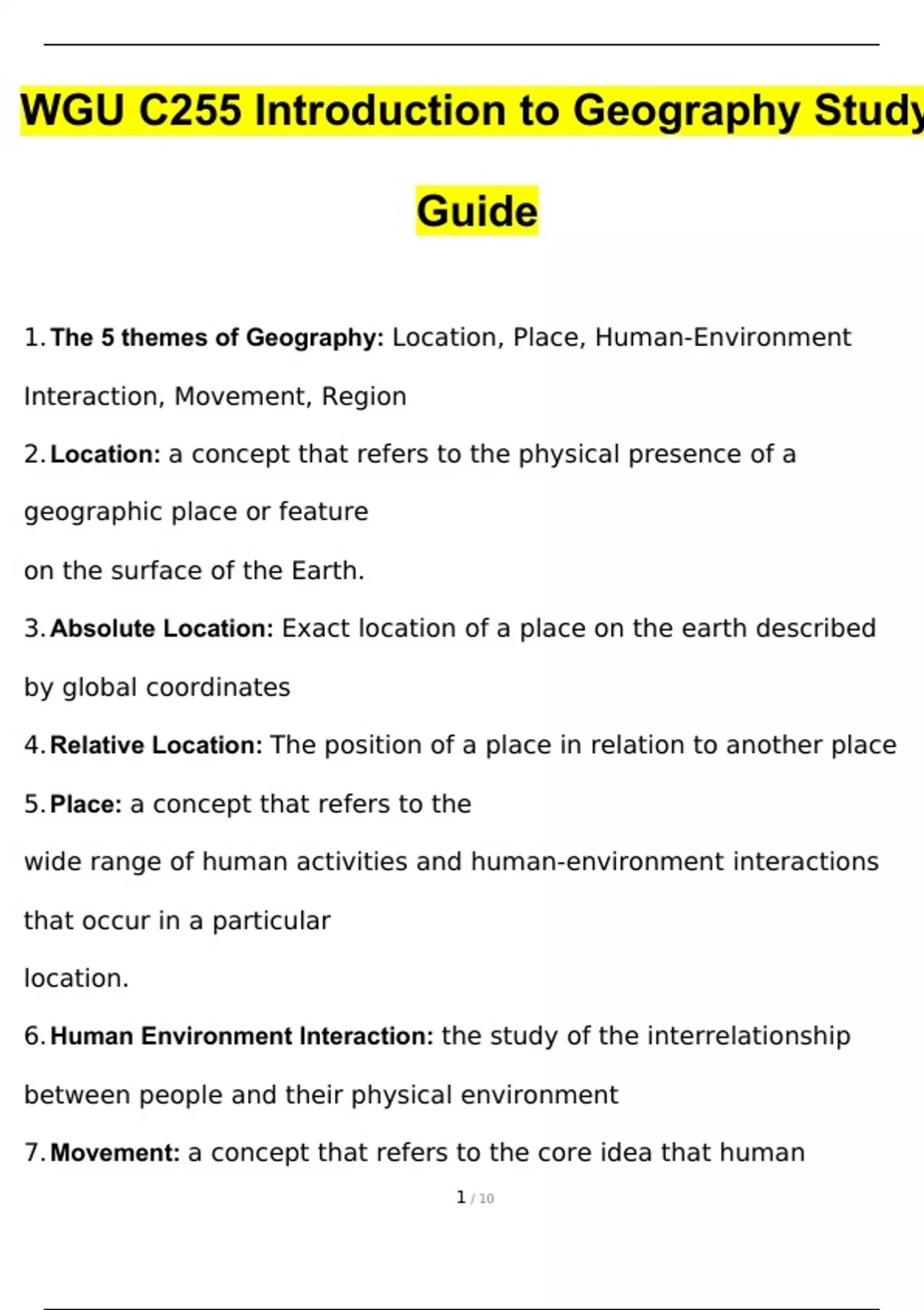WGU C255 Introduction to Geography Study Guide Latest Update 2024 ...