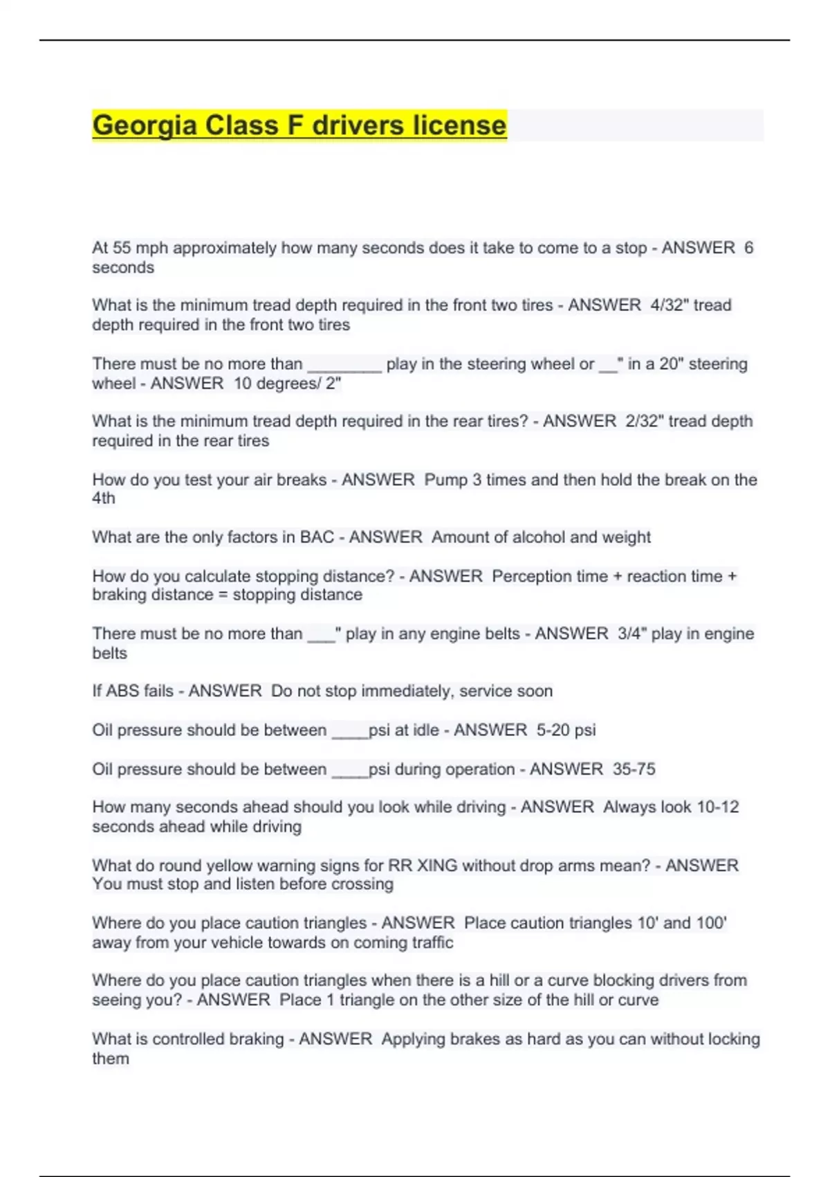 Georgia Class F drivers license questions and correct answers ...