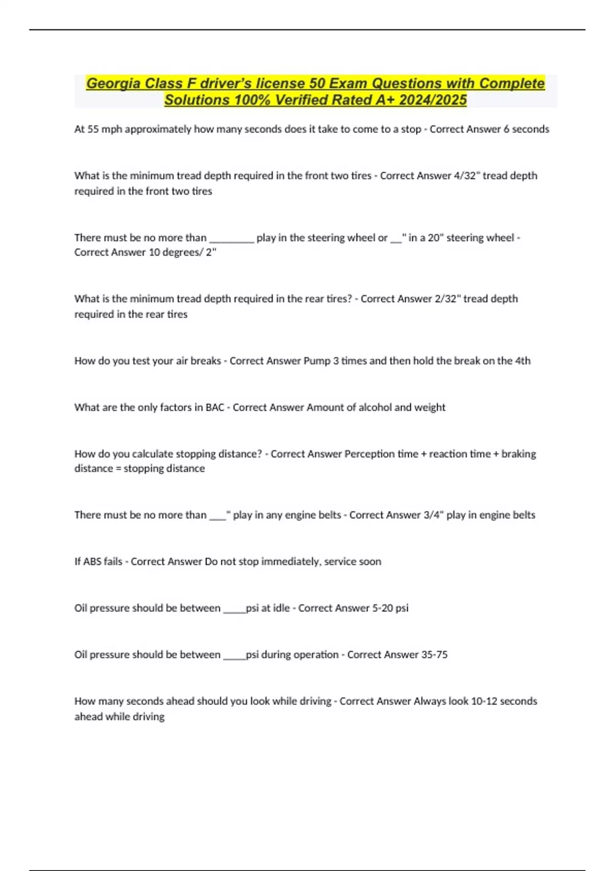 Georgia Class F driver’s license 50 Exam Questions with Complete ...