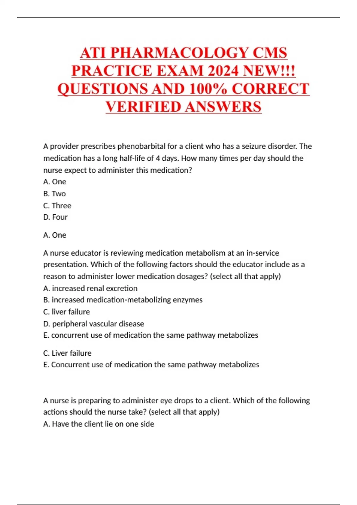 ATI PHARMACOLOGY CMS PRACTICE EXAM 2024 NEW!!! QUESTIONS AND 100% ...