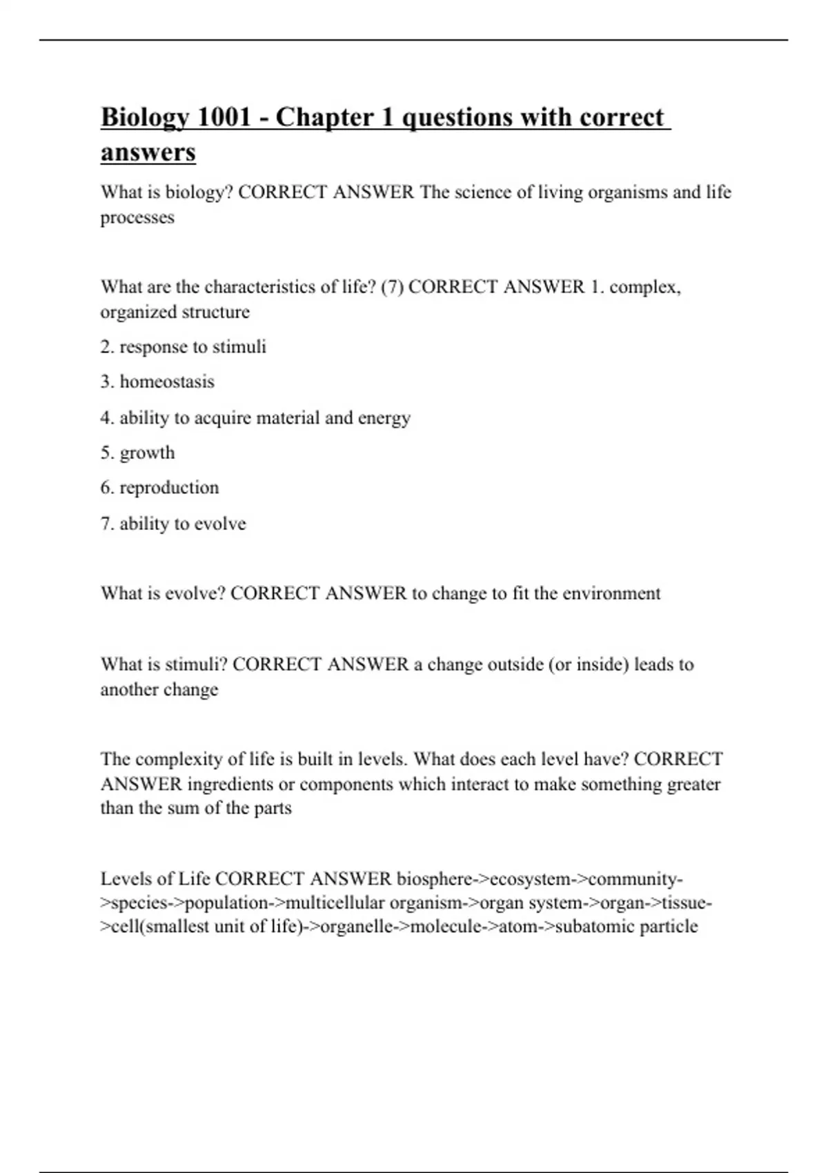 Biology 1001 - Chapter 1 questions with correct answers - Biol 1001 ...