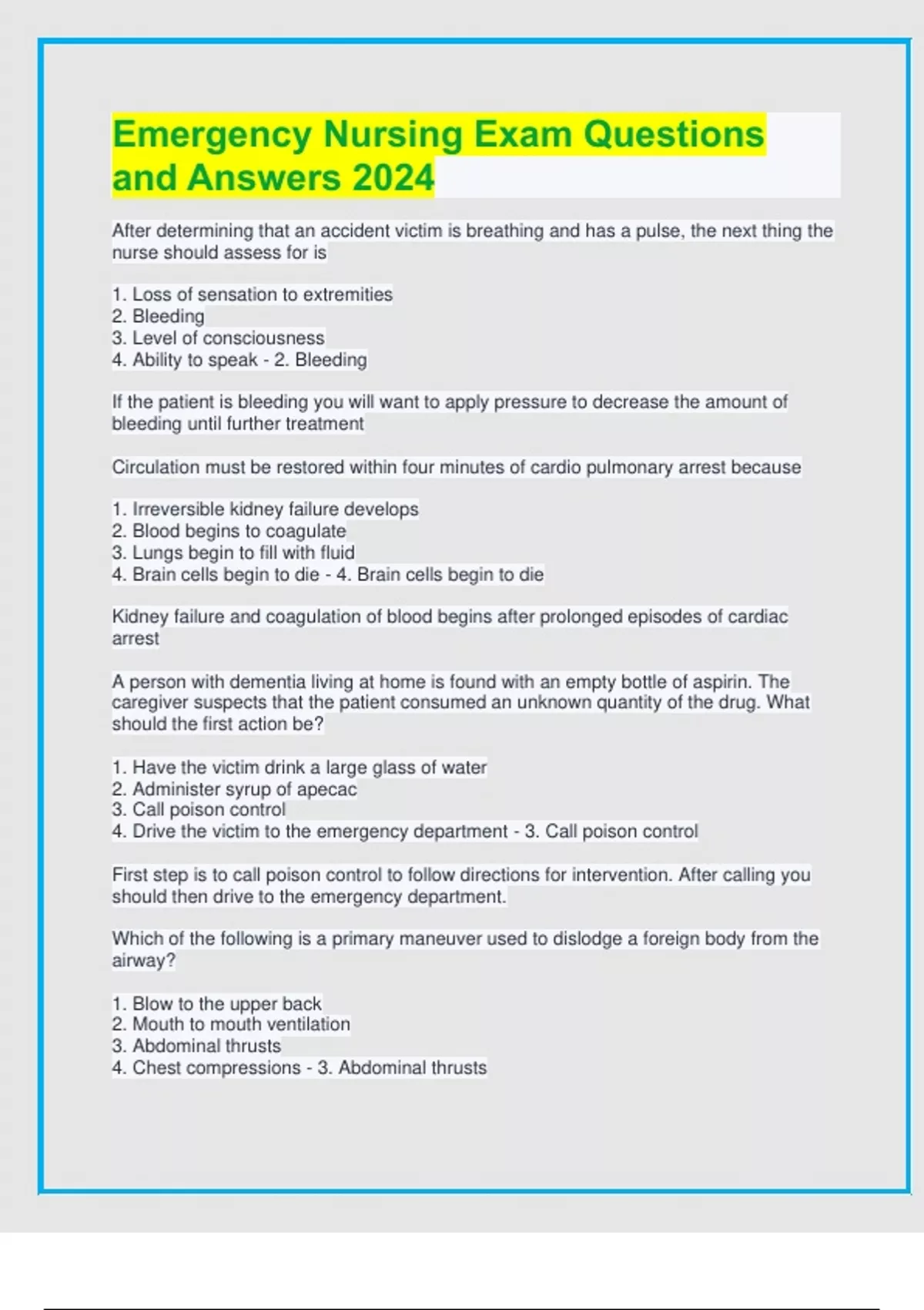 Emergency Nursing Exam Questions and Answers 2024 - Emergency nursing ...