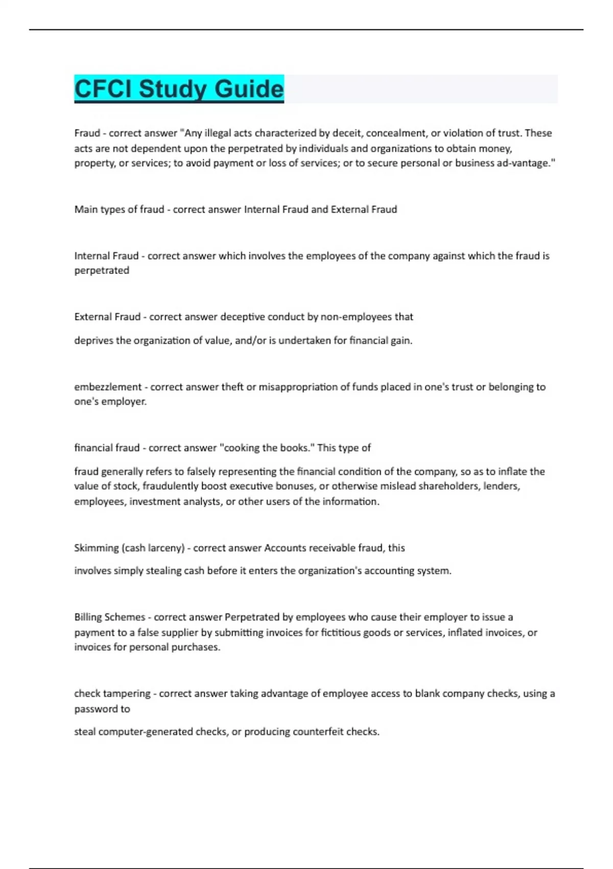 CFCI Study Guide Questions and answers latest update - ACFCS - Stuvia US