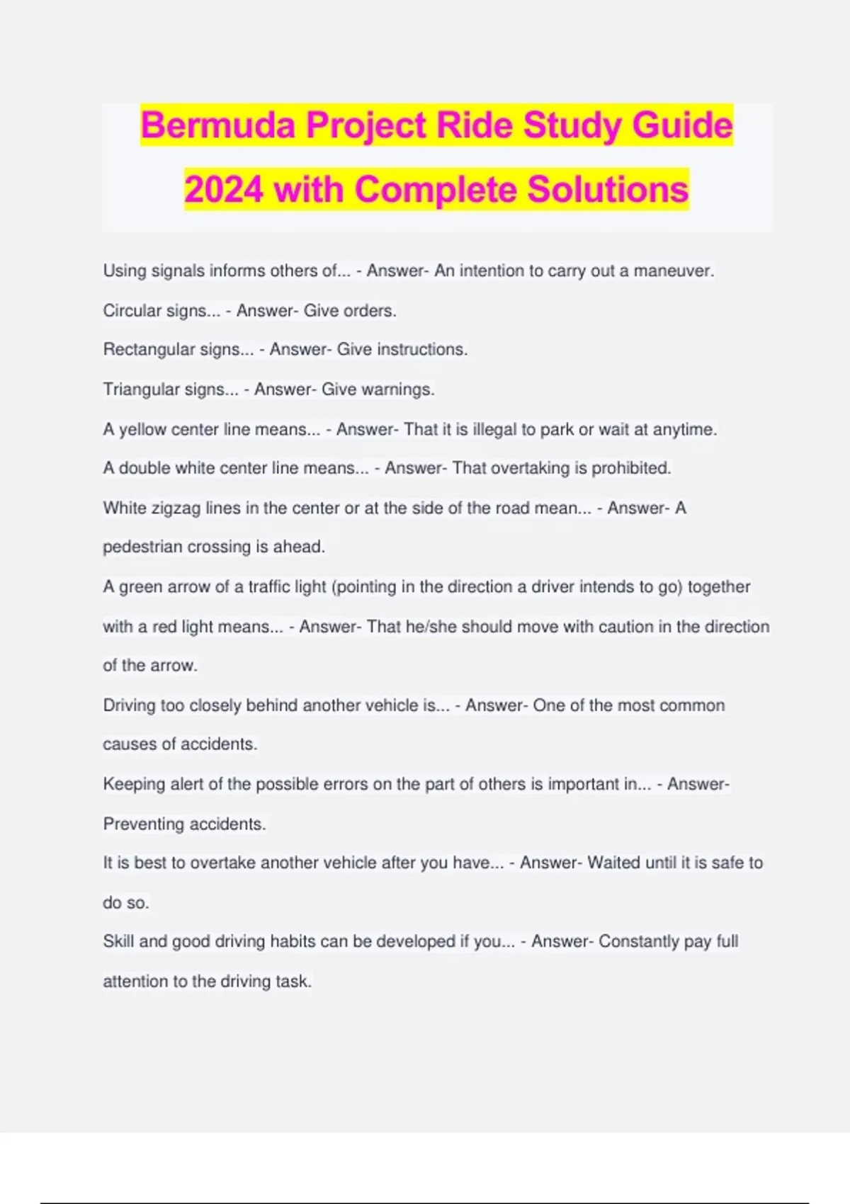 Bermuda Project Ride Study Guide 2024 with Complete Solutions - Bermuda ...