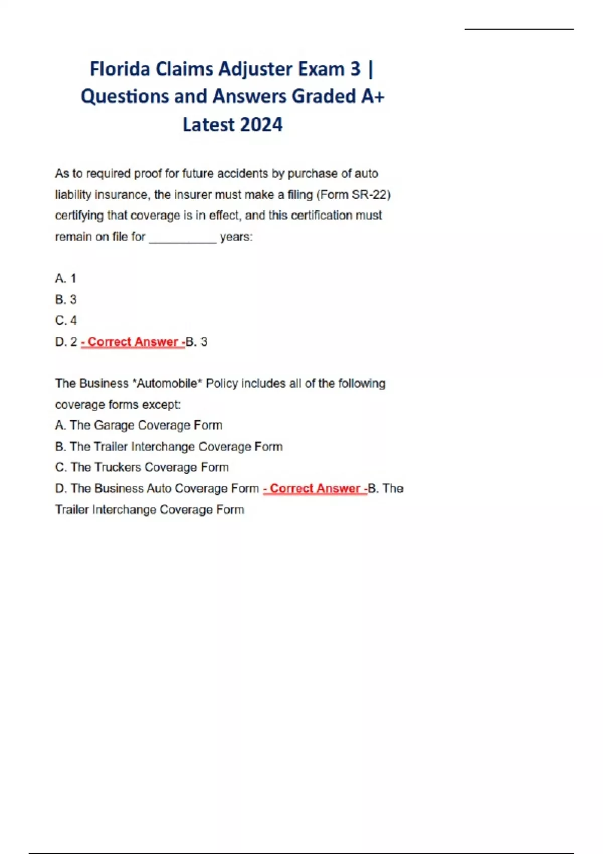 Florida Claims Adjuster Exam 3 | Questions and Answers Graded A+ Latest ...