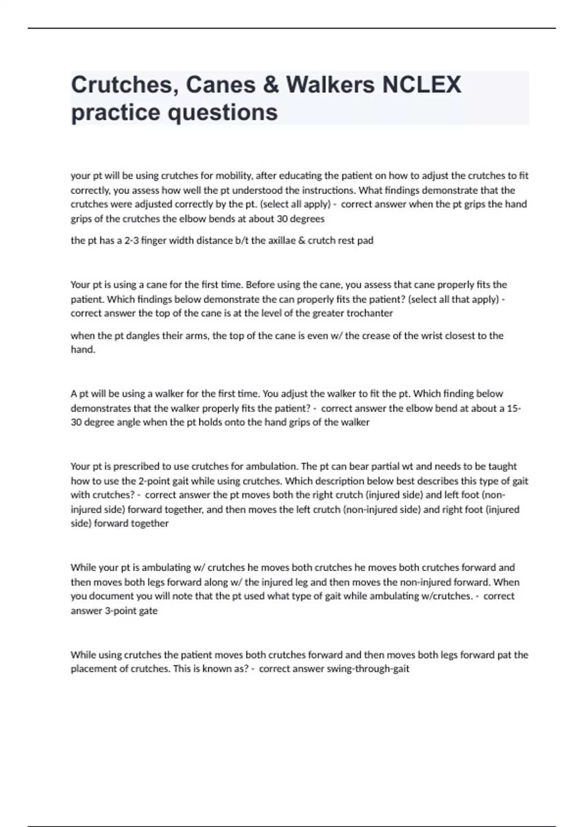 Crutches, Canes & Walkers NCLEX practice questions with answers - Cans ...