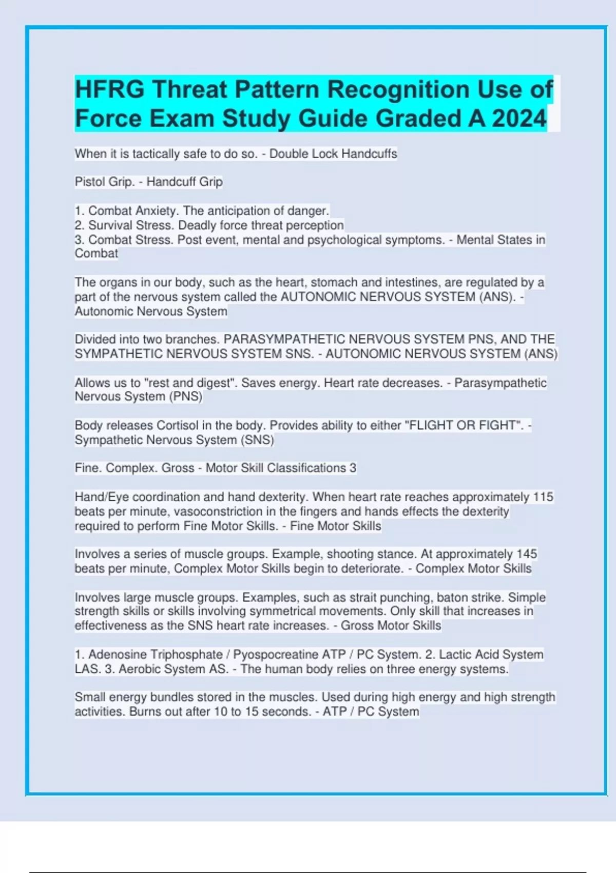 HFRG Threat Pattern Recognition Use of Force Exam Study Guide Graded A ...