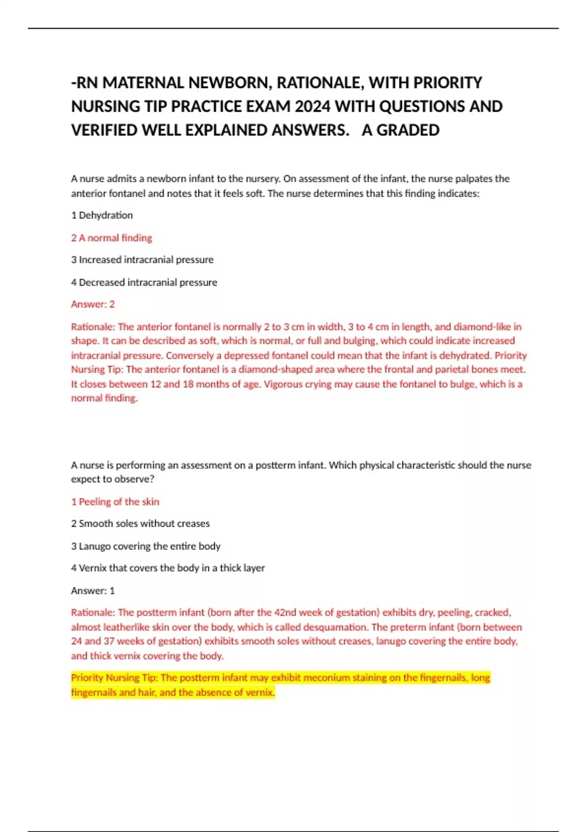 -RN MATERNAL NEWBORN, RATIONALE, WITH PRIORITY NURSING TIP PRACTICE ...