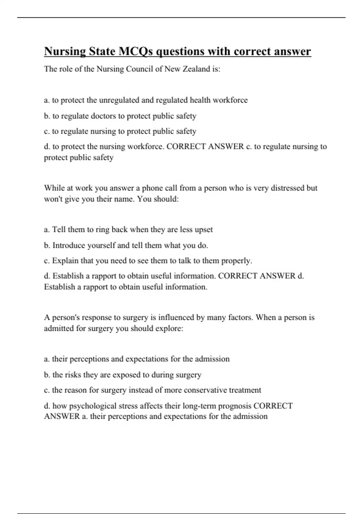 Nursing State MCQs questions with correct answer - RN- Nursing - Stuvia US