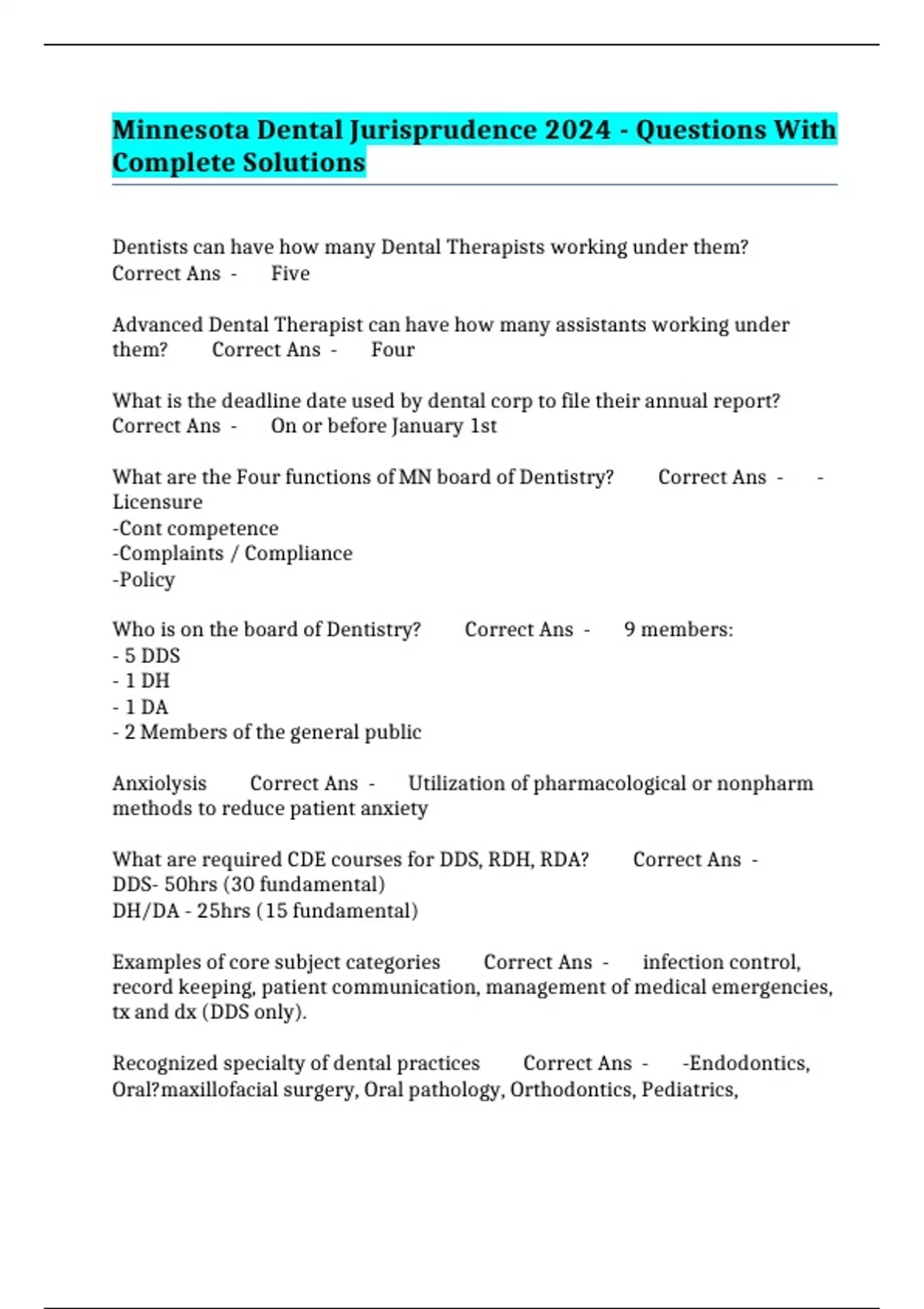 Minnesota Dental Jurisprudence 2024 - Questions With Complete Solutions ...