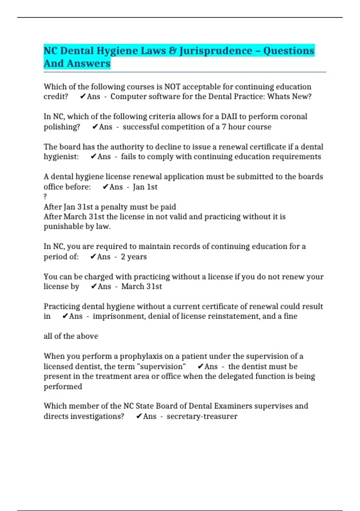 NC Dental Hygiene Laws & Jurisprudence – Questions And Answers - DENTAL ...
