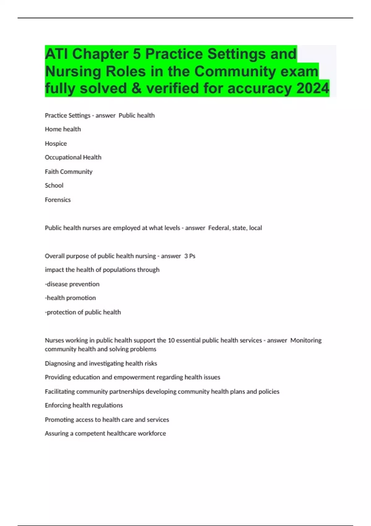 ATI Chapter 5 Practice Settings and Nursing Roles in the Community exam ...