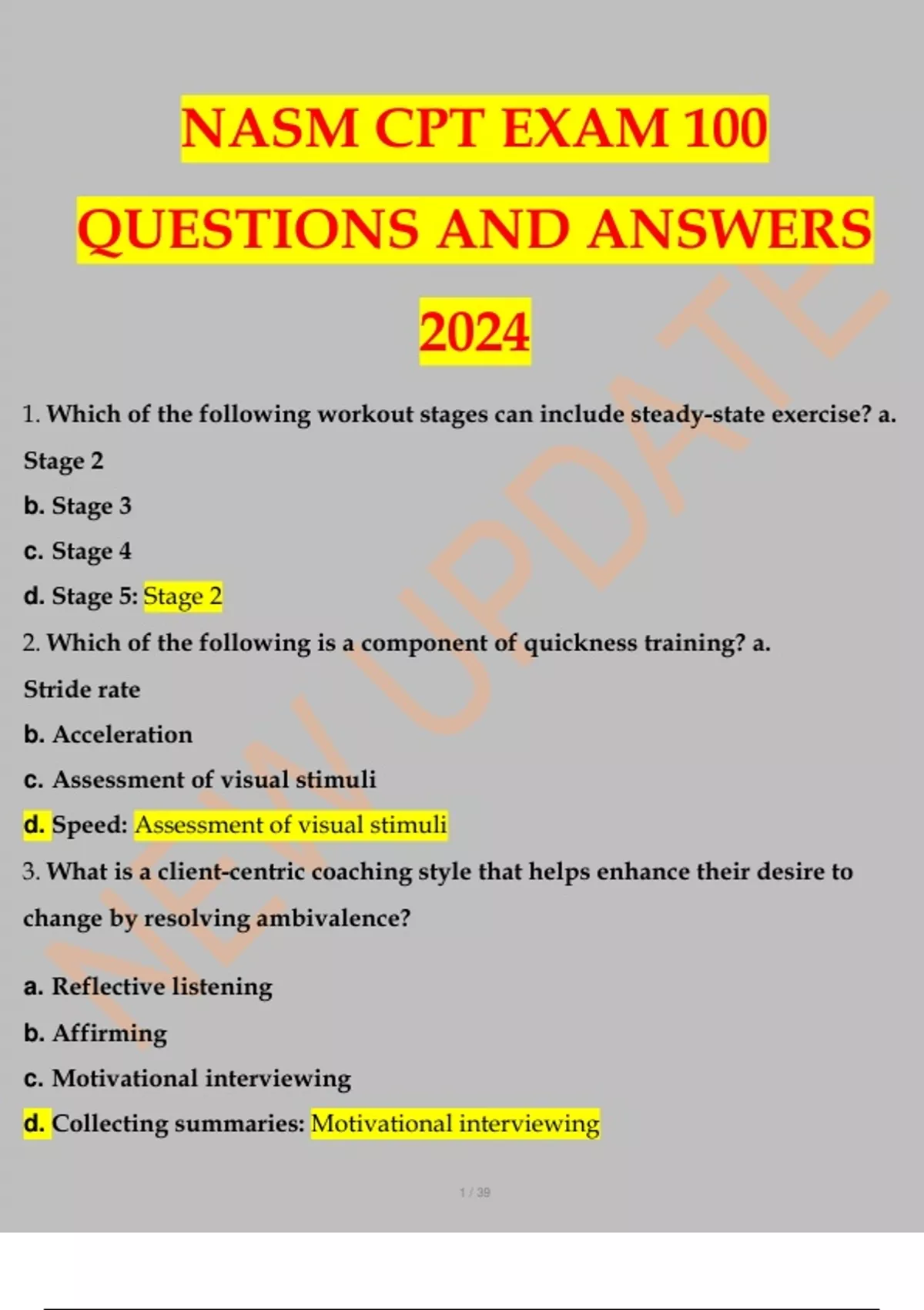 NASM CPT EXAM 100 QUESTIONS AND ANSWERS 2024 - Nasm cpt - Stuvia US