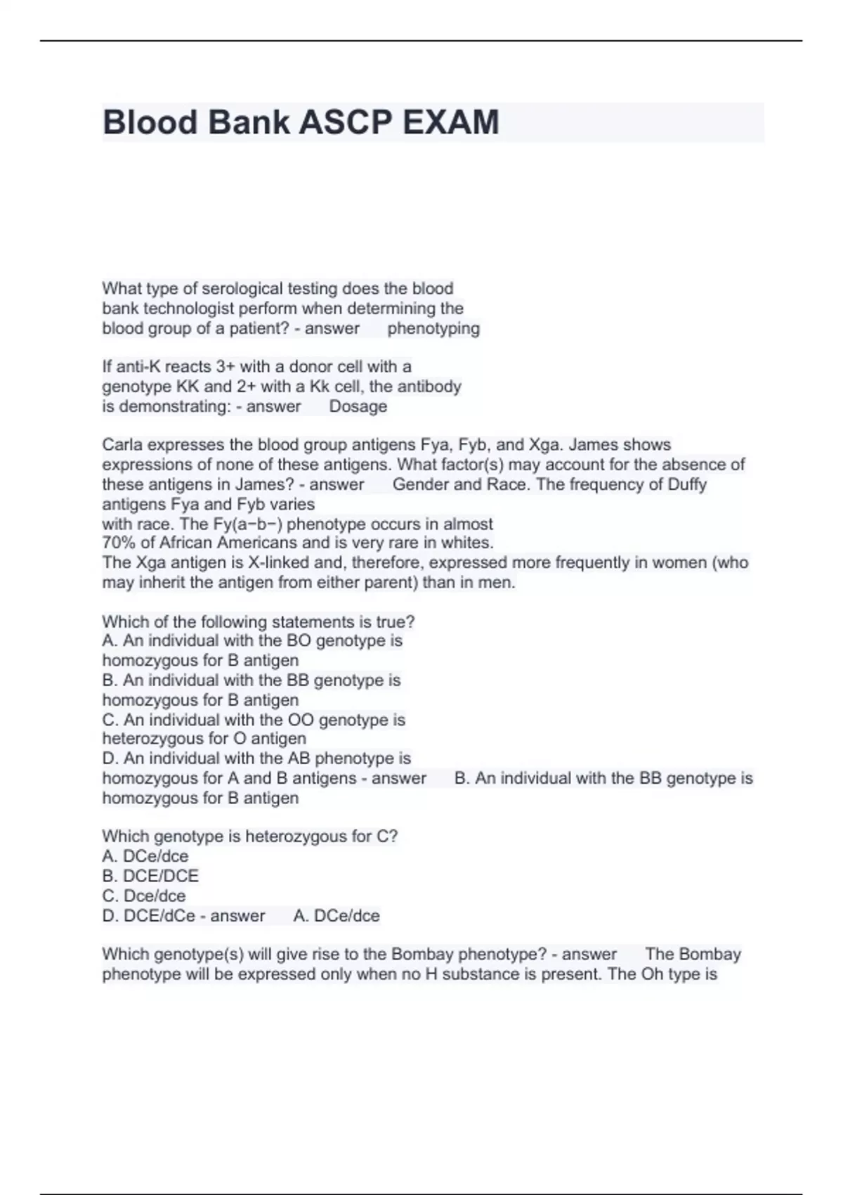 Blood Bank ASCP EXAM Questions with correct Answers - ASCP - Stuvia US