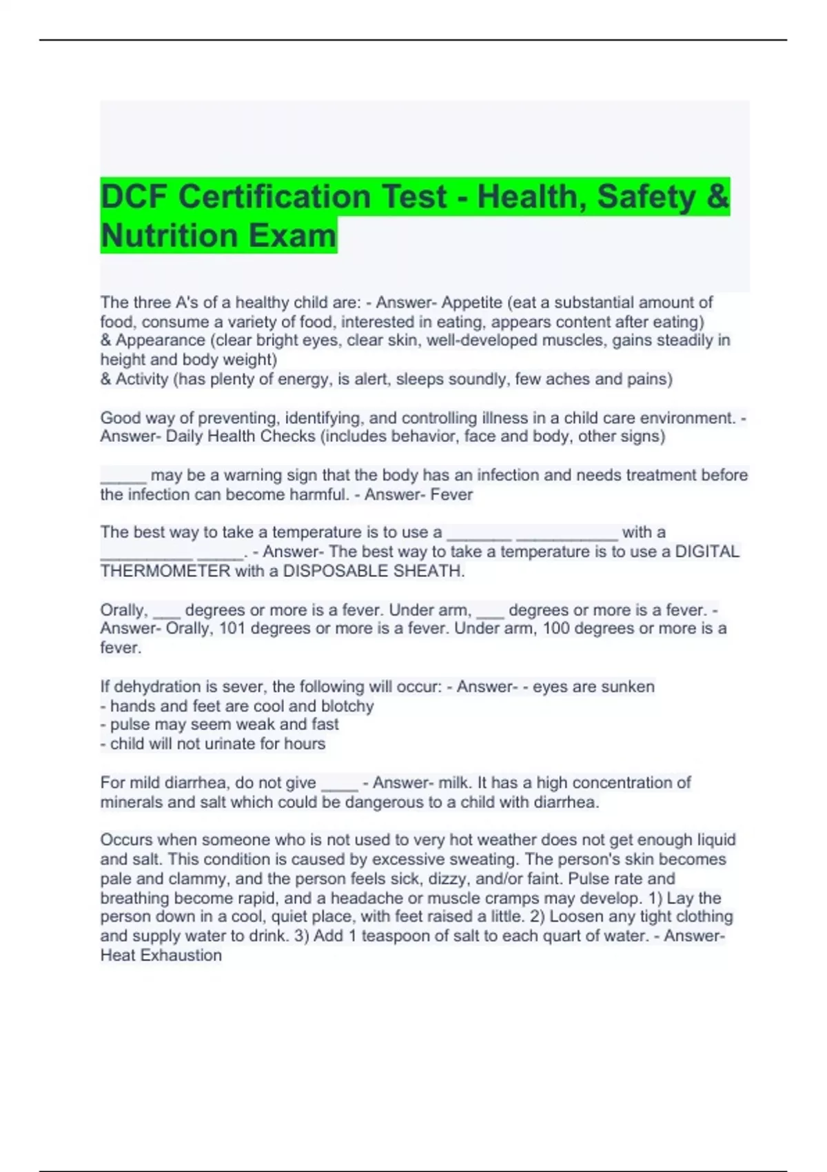 DCF Certification Test - Health, Safety & Nutrition Exam 2024 Questions ...