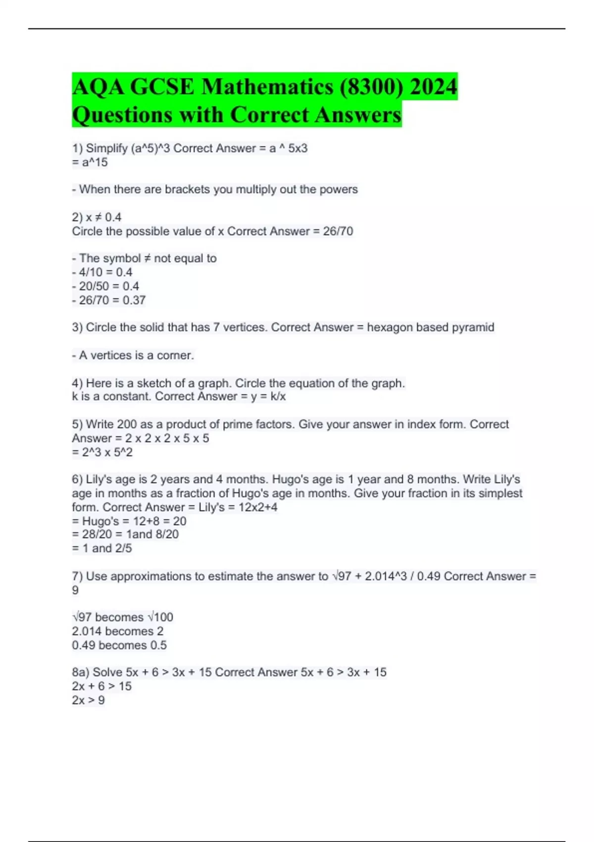 AQA GCSE Mathematics (8300) 2024 Questions with Correct Answers - AQA ...