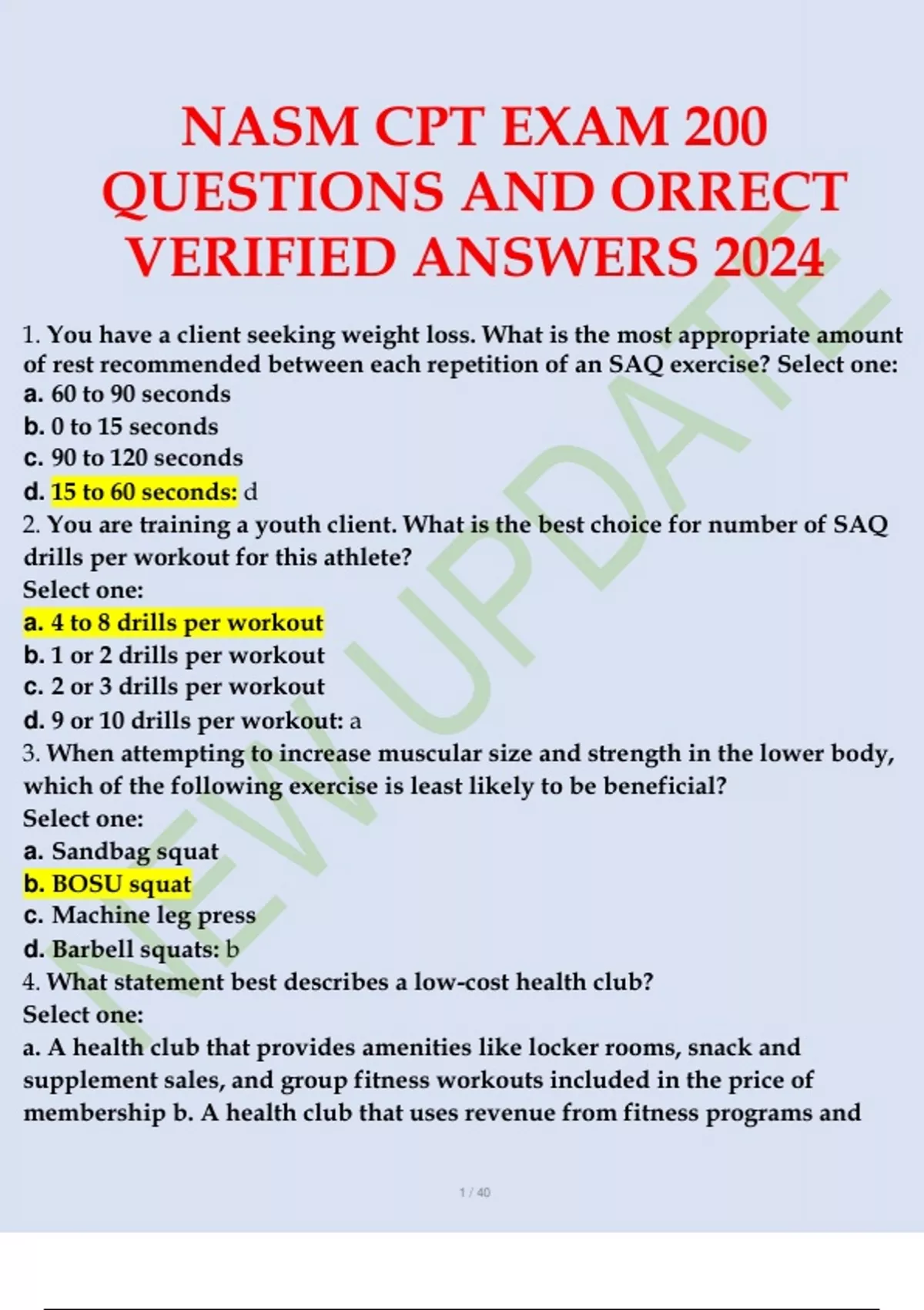 NASM CPT EXAM 200 QUESTIONS AND CORRECT VERIFIED ANSWERS 2024 - Nasm - Stuvia US