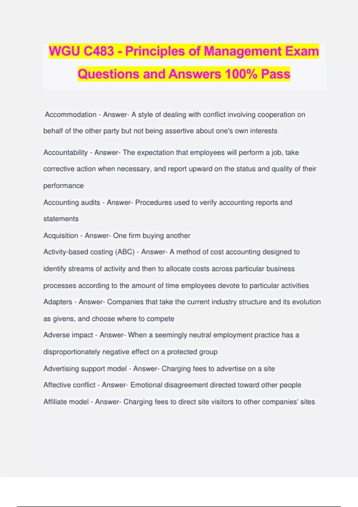 WGU C483 - Principles of Management Exam Questions and Answers 100% ...