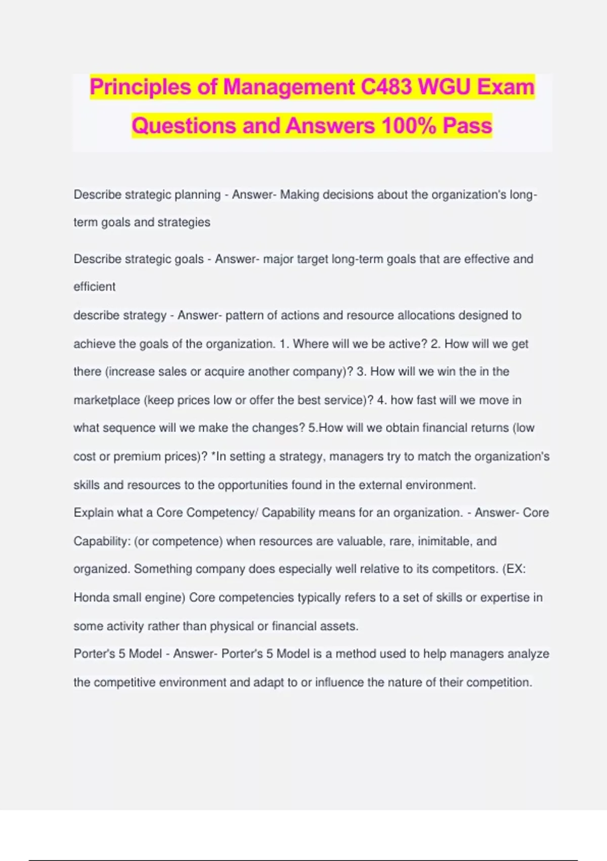 Principles of Management C483 WGU Exam Questions and Answers 100% Pass ...