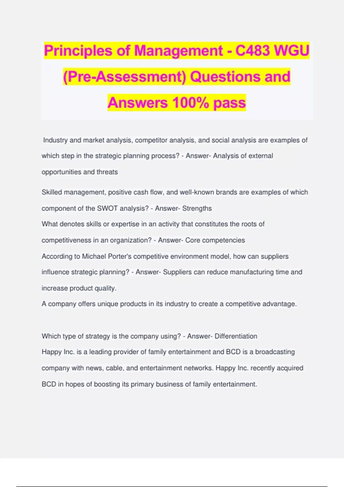 Principles of Management - C483 WGU (Pre-Assessment) Questions and ...