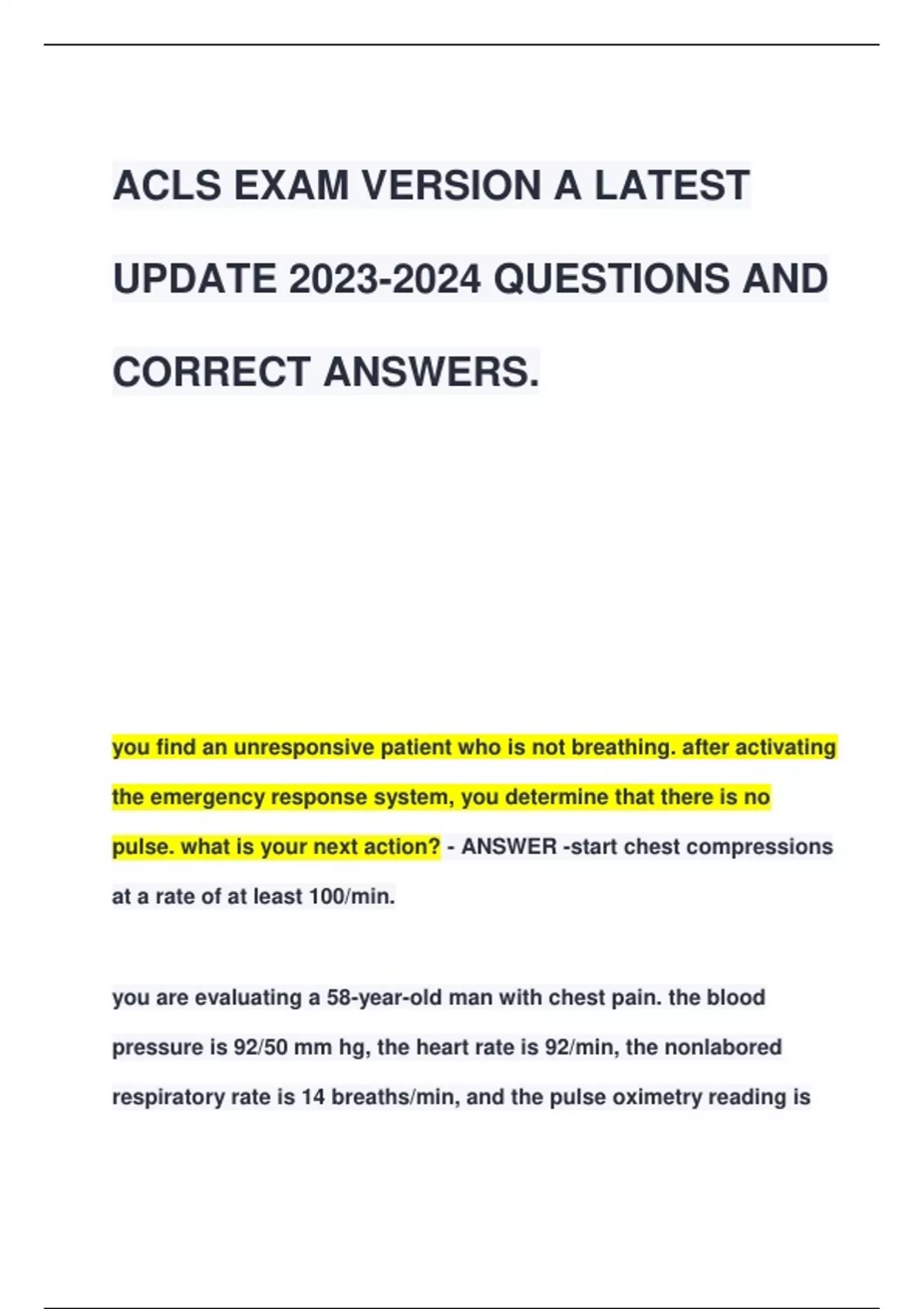 ACLS EXAM VERSION A LATEST UPDATE QUESTIONS AND CORRECT ANSWERS. - Acls ...