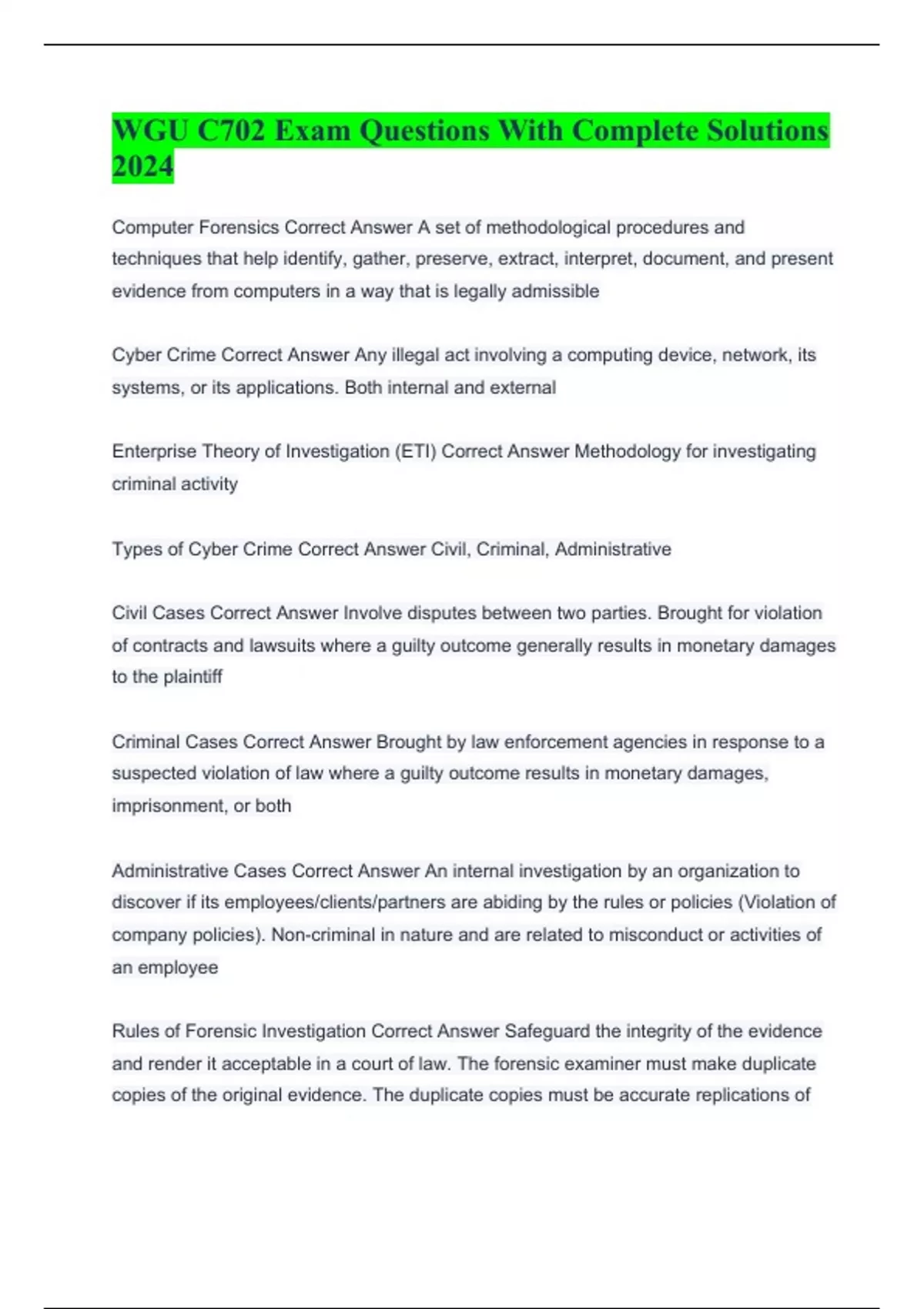 WGU C702 Exam Questions With Complete Solutions 2024 - WGU C702 - Stuvia US