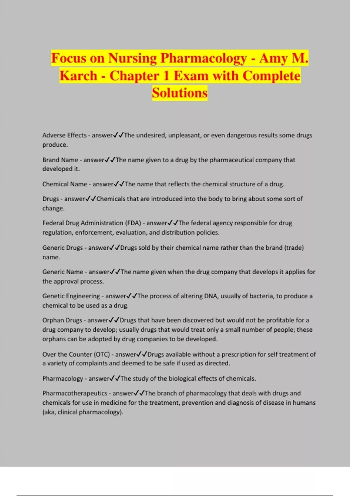 Focus on Nursing Pharmacology - Amy M. Karch - Chapter 1 Exam with ...