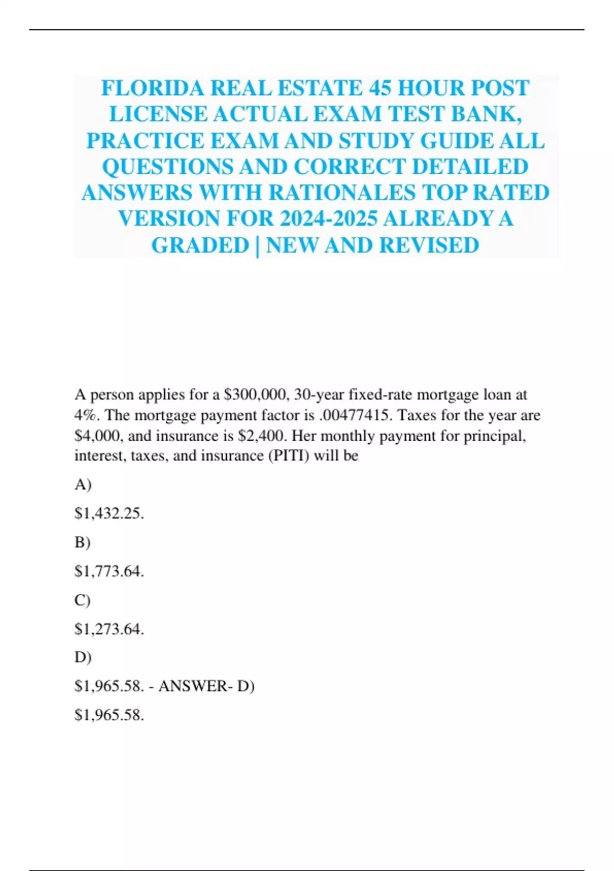 FLORIDA REAL ESTATE 45 HOUR POST LICENSE ACTUAL EXAM TEST BANK ...