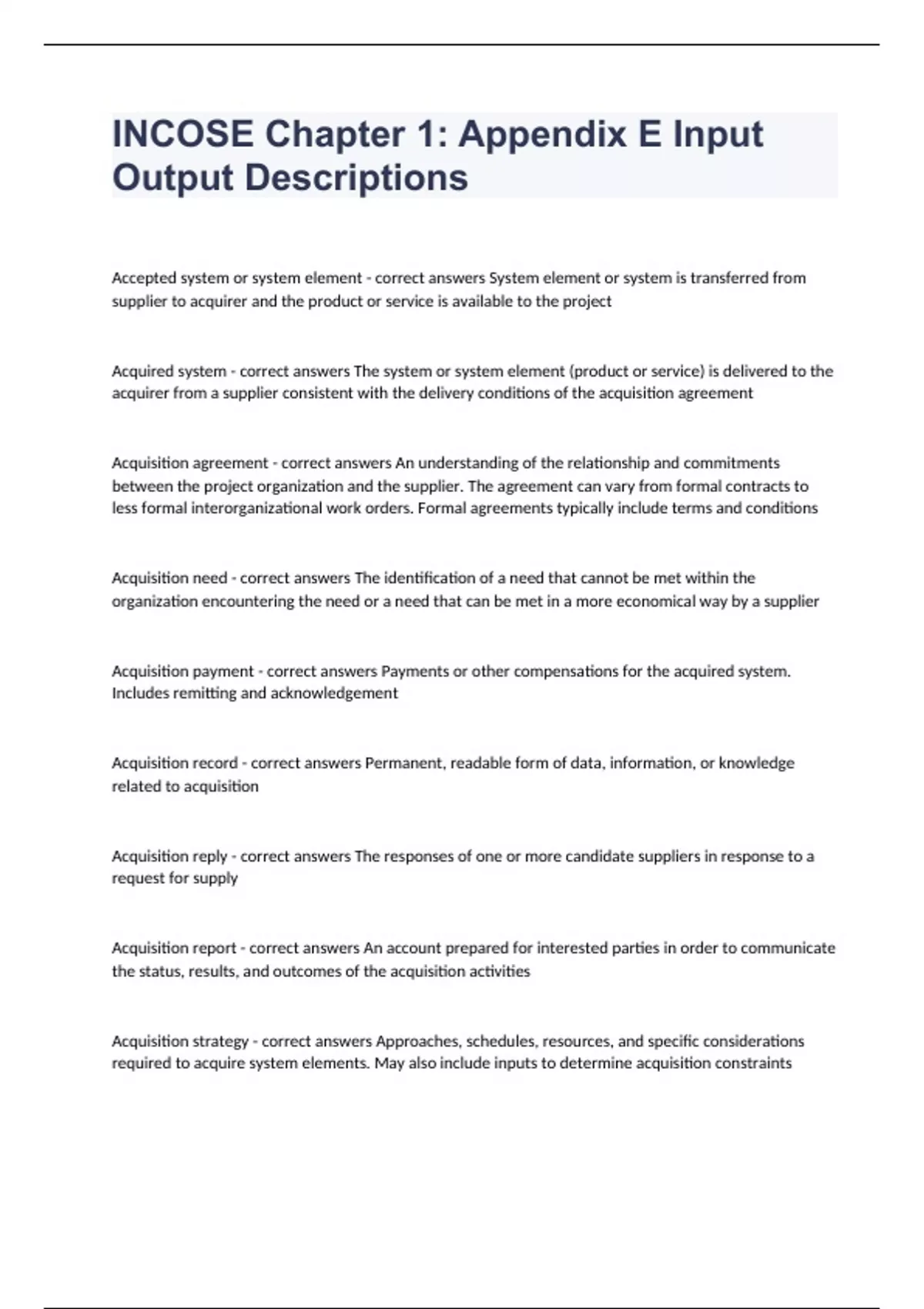 INCOSE Chapter 1 Appendix E Input Output Descriptions questions with ...