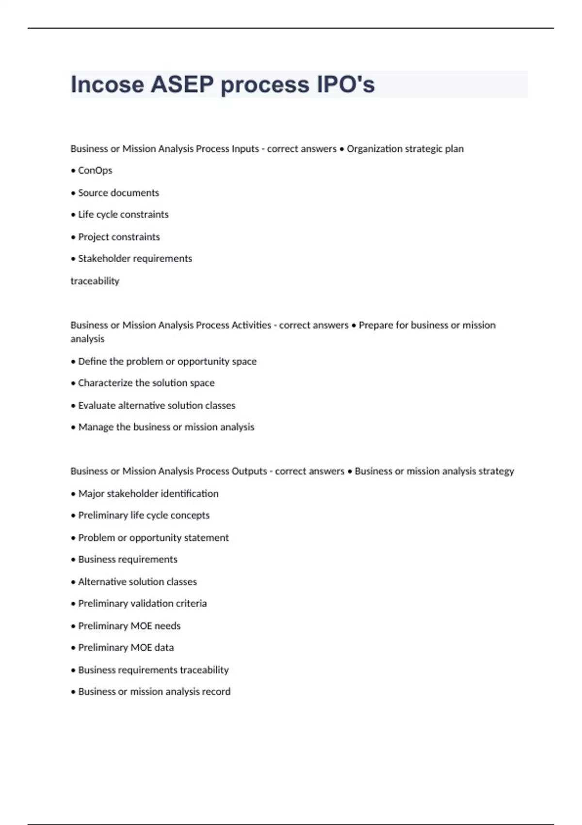 Incose ASEP process IPO's questions and answers verified 2024 - INCOSE ...