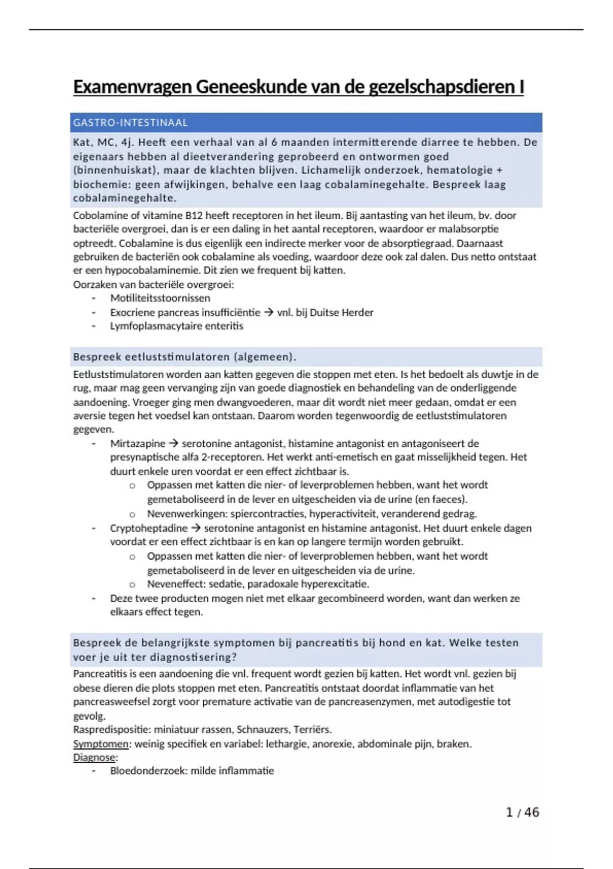 Voorbeeld examenvragen Geneeskunde van de gezelschapsdieren 1 - let op ...