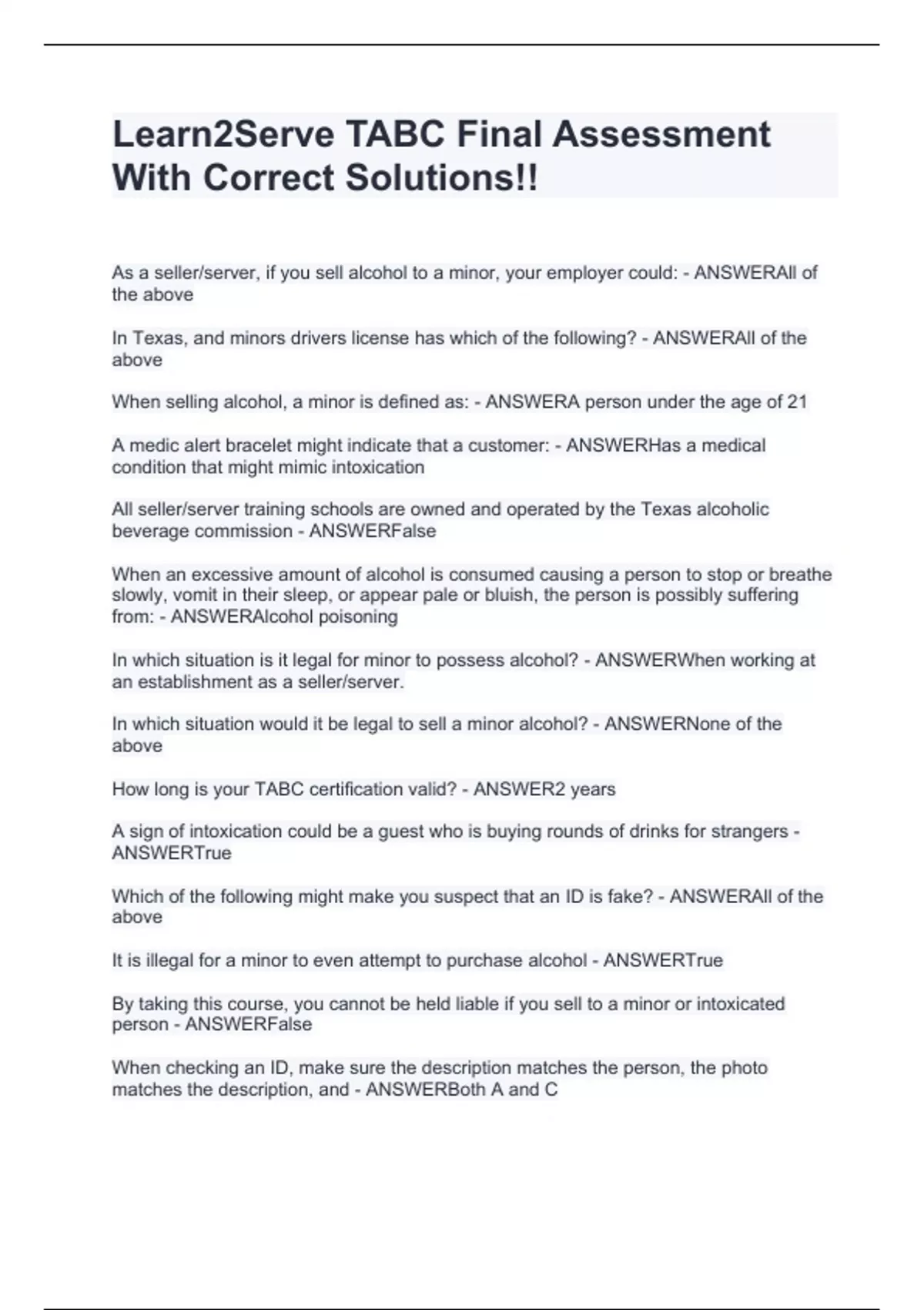 Learn2Serve TABC Final Assessment With Correct Solutions ...