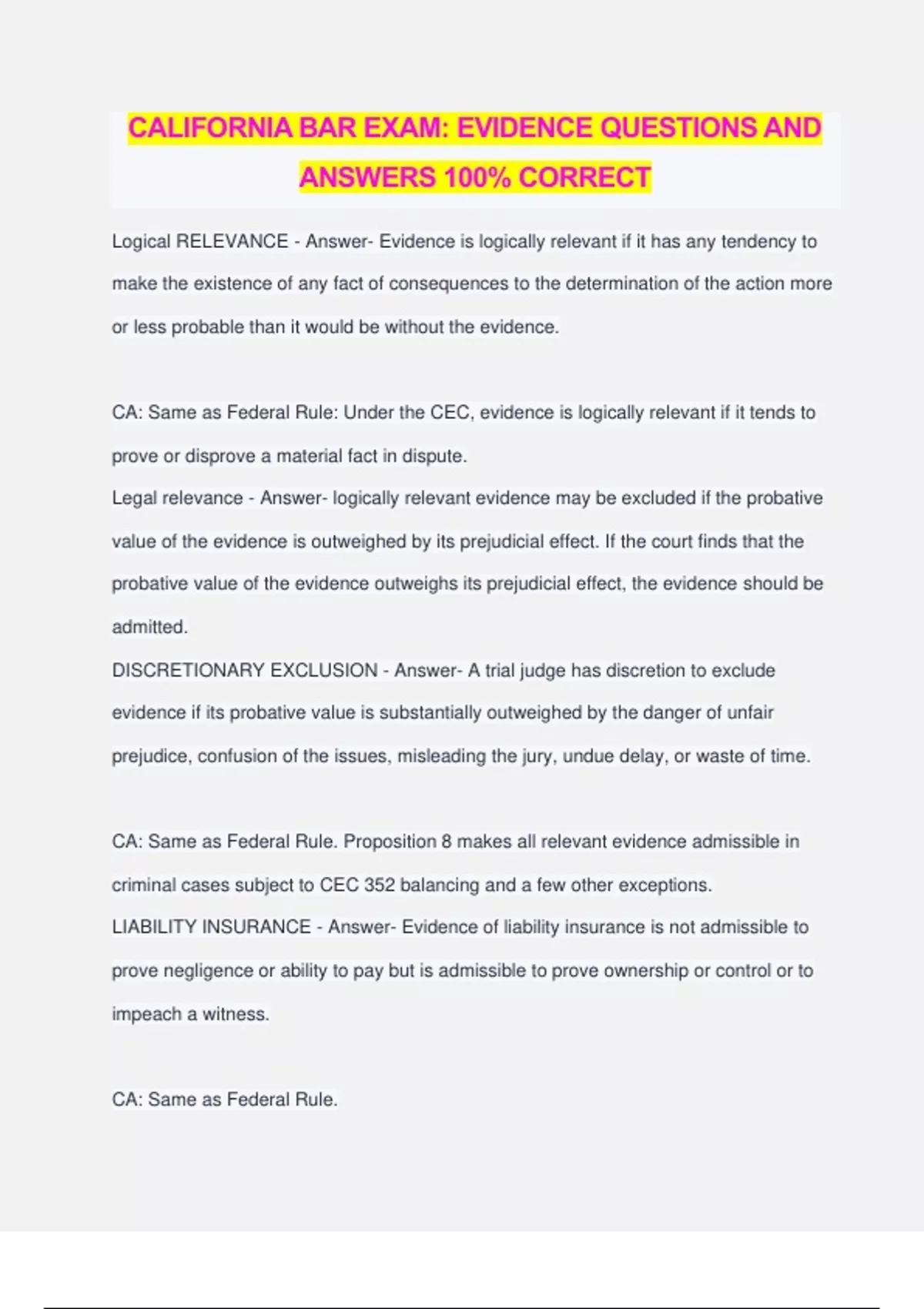 CALIFORNIA BAR EXAM: EVIDENCE QUESTIONS AND ANSWERS 100% CORRECT - CALIFORNIA BAR - Stuvia US