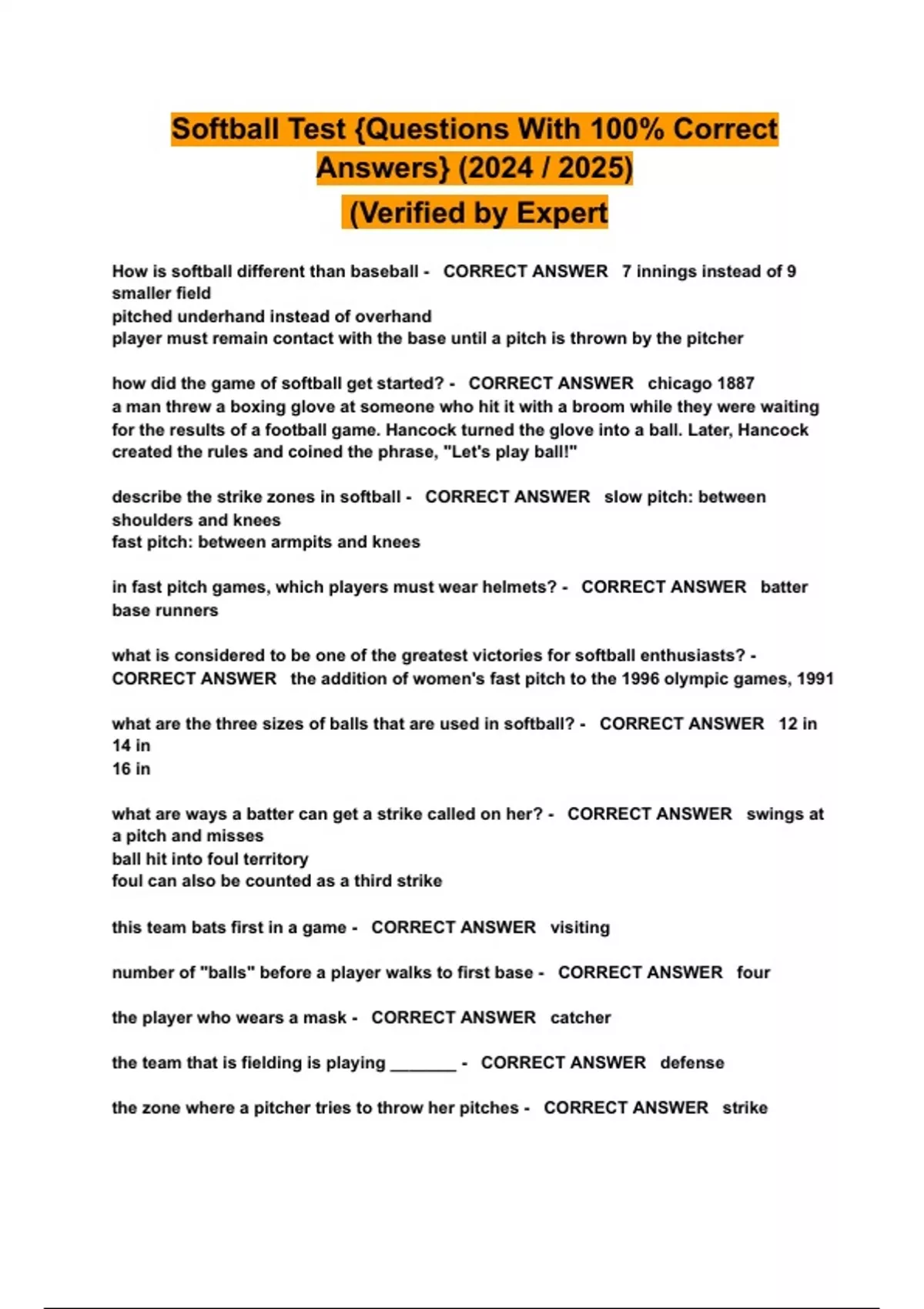 Softball Test {Questions With 100% Correct Answers} (2024 / 2025 ...