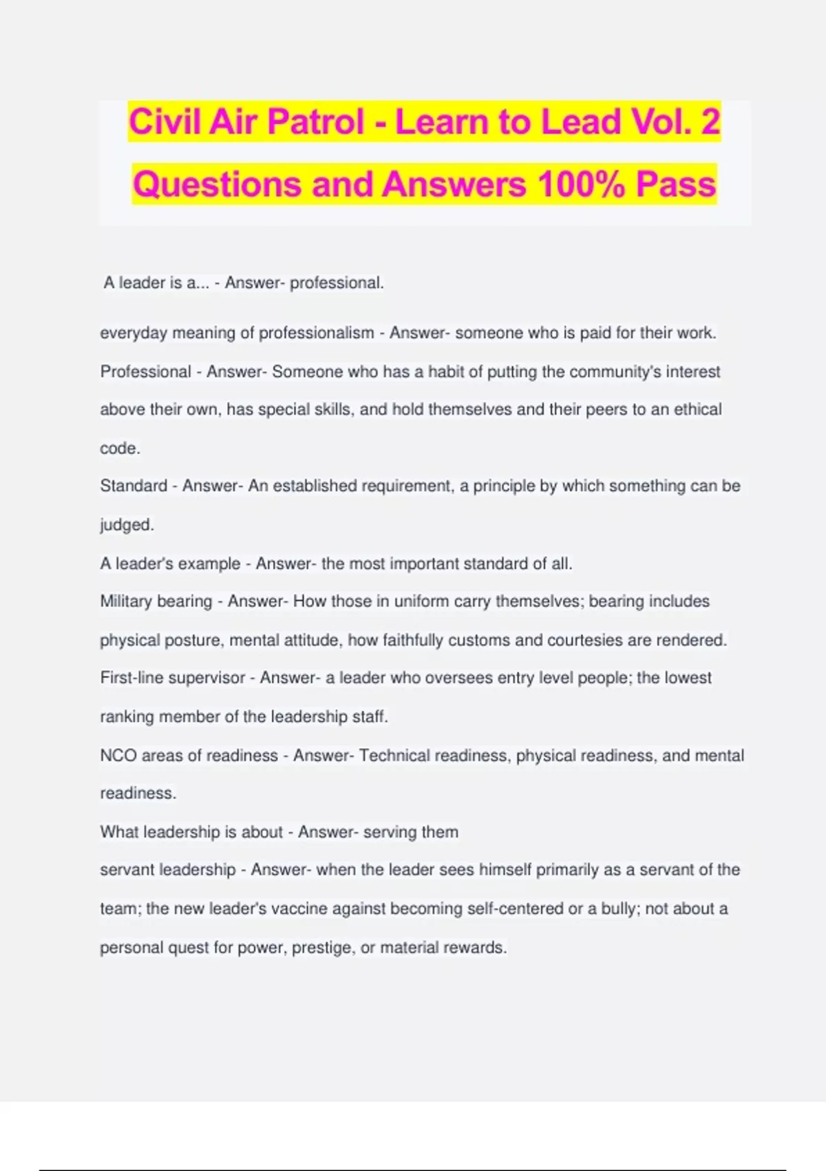 Civil Air Patrol - Learn to Lead Vol. 2 Questions and Answers 100% Pass ...