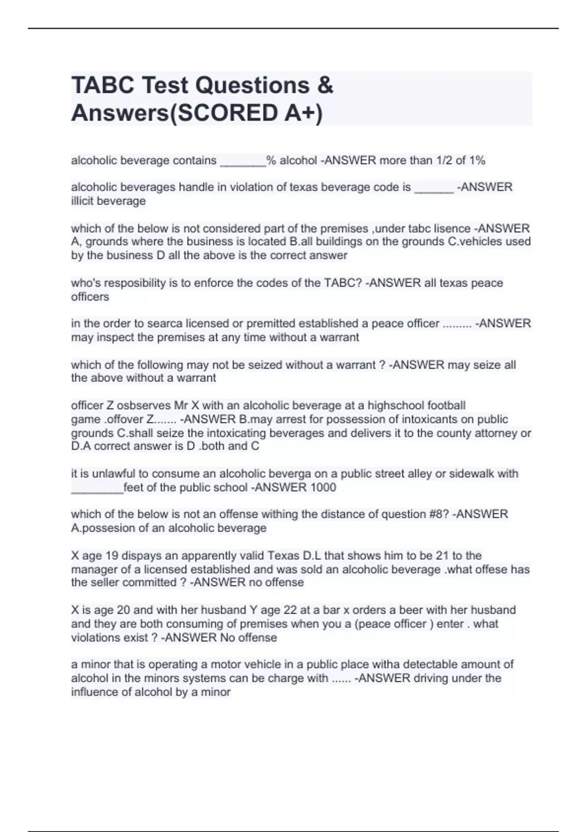 TABC Test Questions & Answers(SCORED A+) - TABC - Stuvia UK