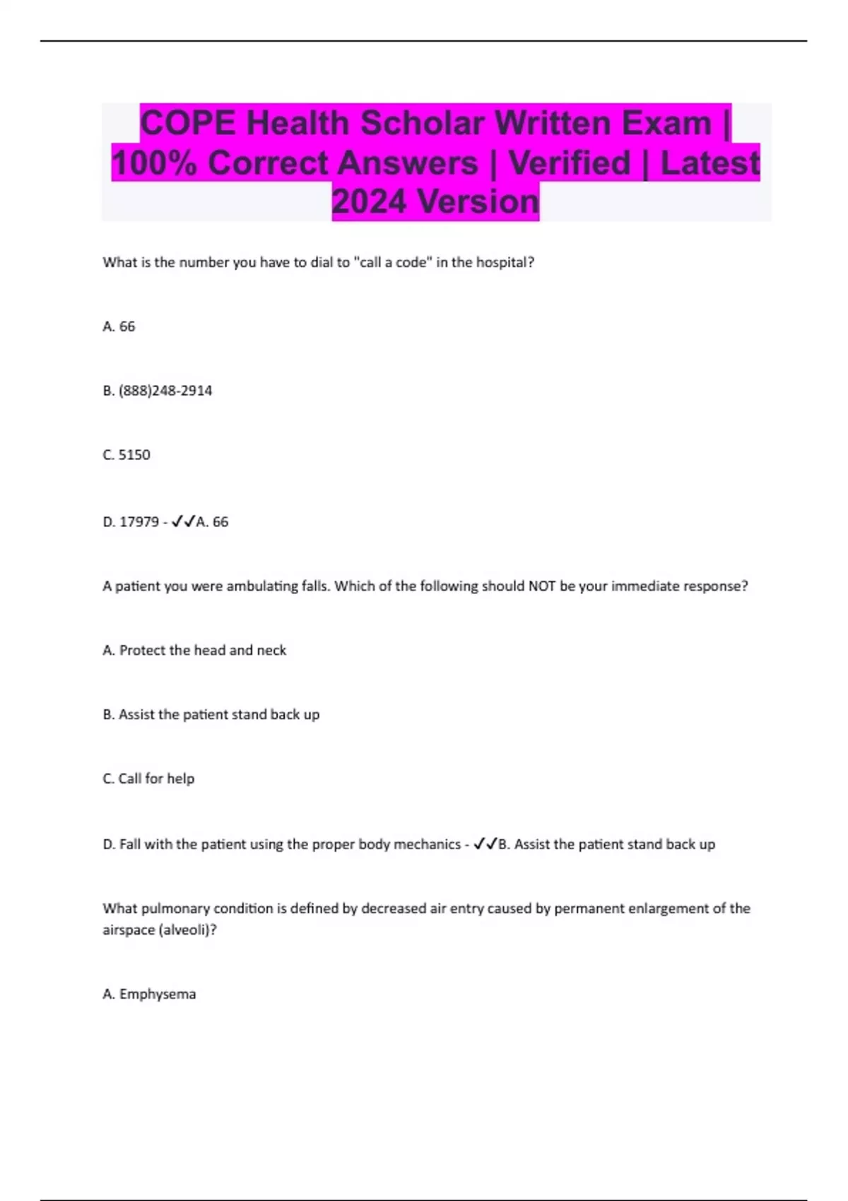 COPE Health Scholar Written Exam | 100% Correct Answers | Verified ...