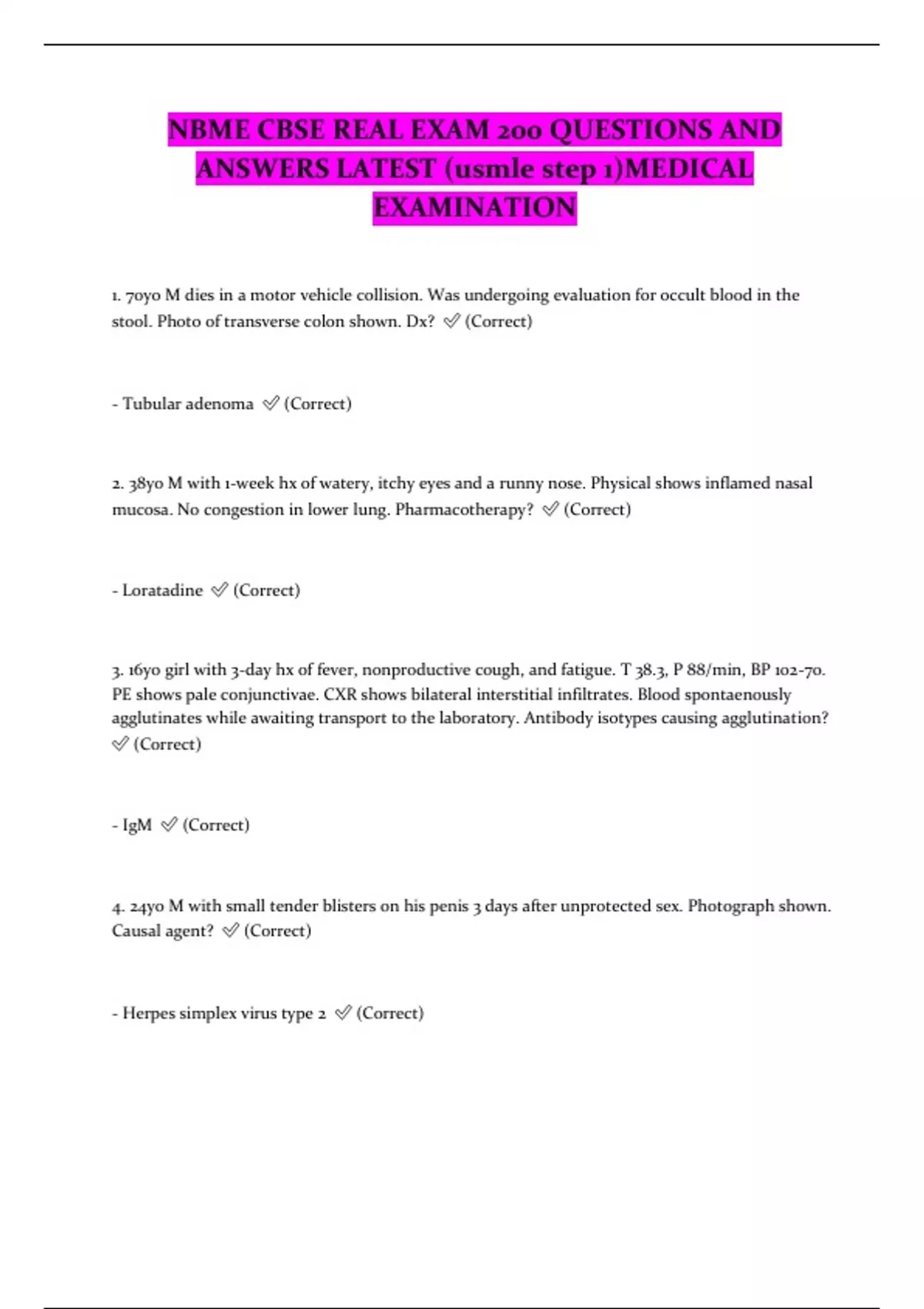 NBME CBSE REAL EXAM 200 QUESTIONS AND ANSWERS LATEST (usmle step 1 ...